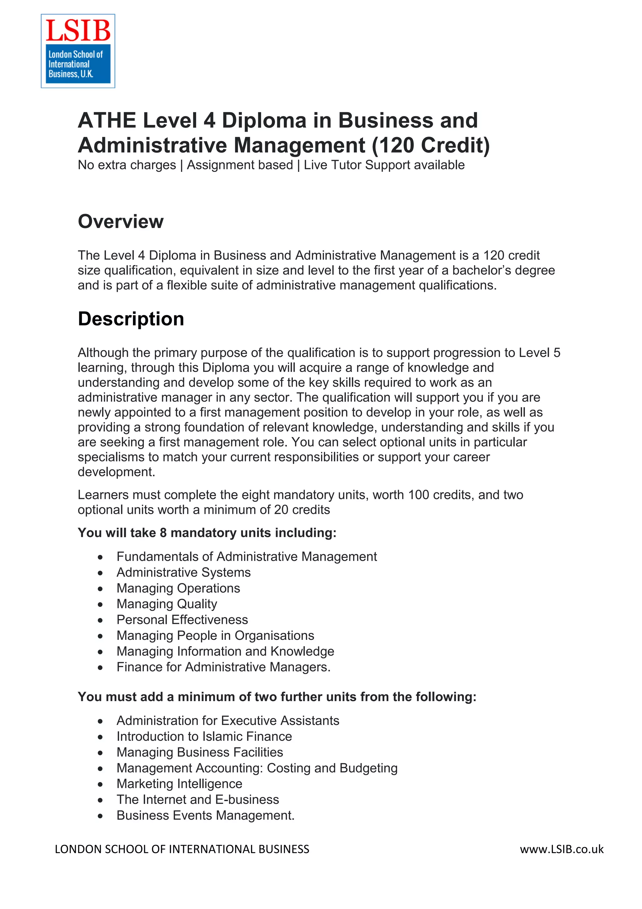 ATHE Level 4 Diploma in Business and Administrative Management (120 ...