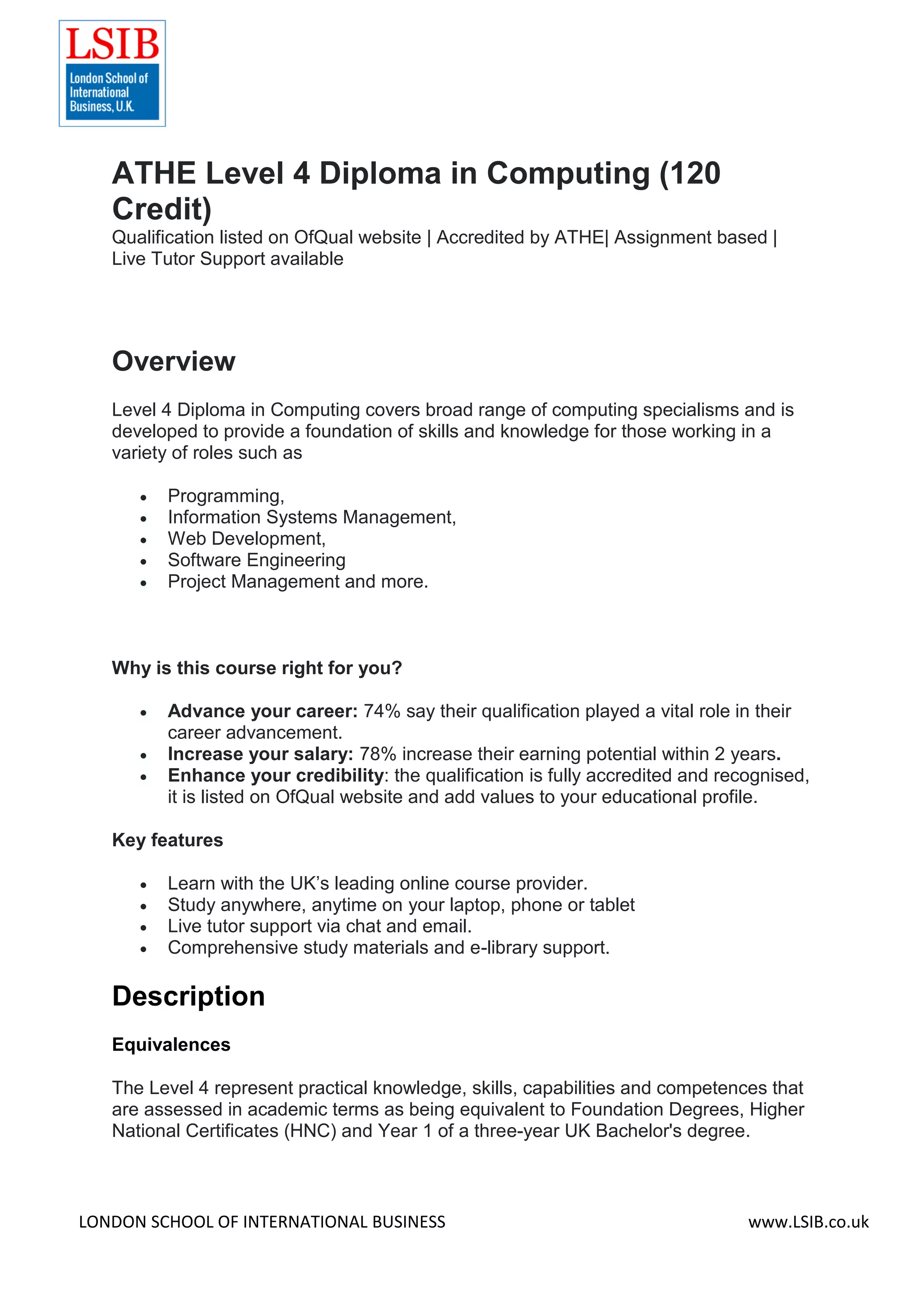 ATHE Level 4 Diploma in Computing (120 Credit) | PDF