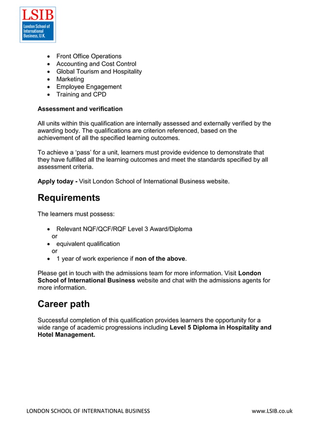 Level 4 Diploma in Hospitality and Hotel Management | PDF | Hospitality ...