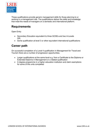 Diploma in Management for Travel and Tourism ( Level 4 : Credit - 60 ...