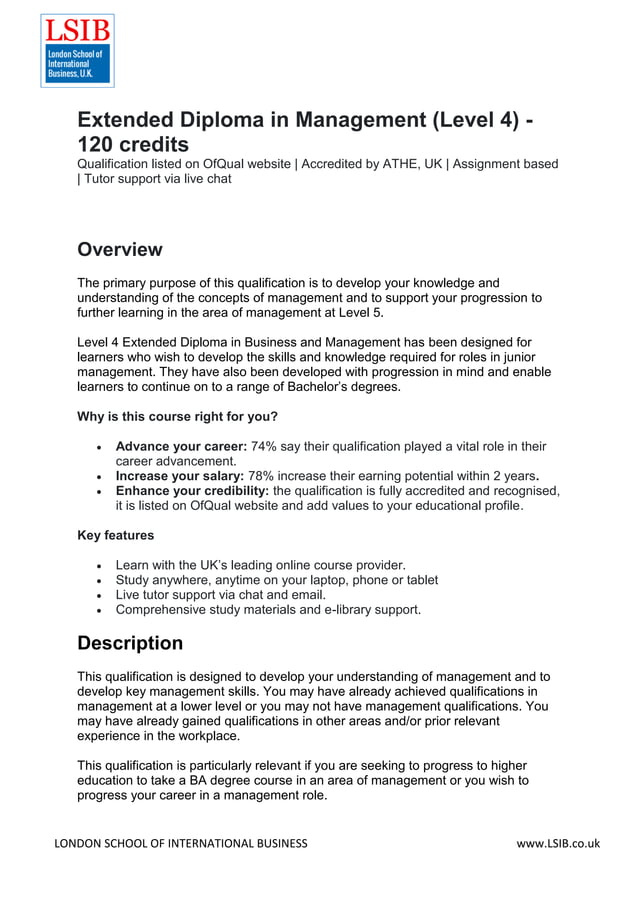 Extended Diploma in Management (Level 4) - 120 credits | PDF
