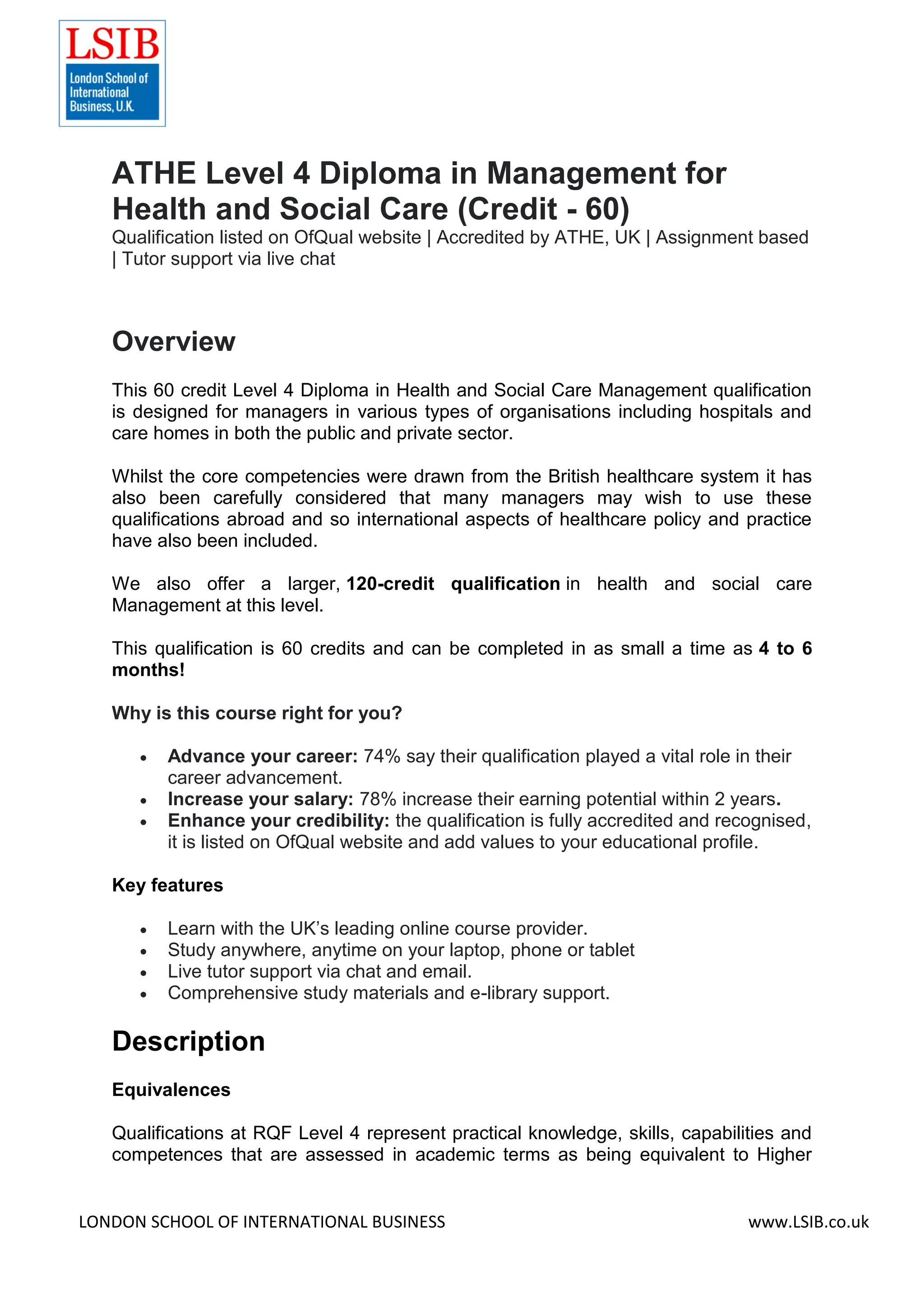 ATHE Level 4 Diploma in Management for Health and Social Care (Credit ...