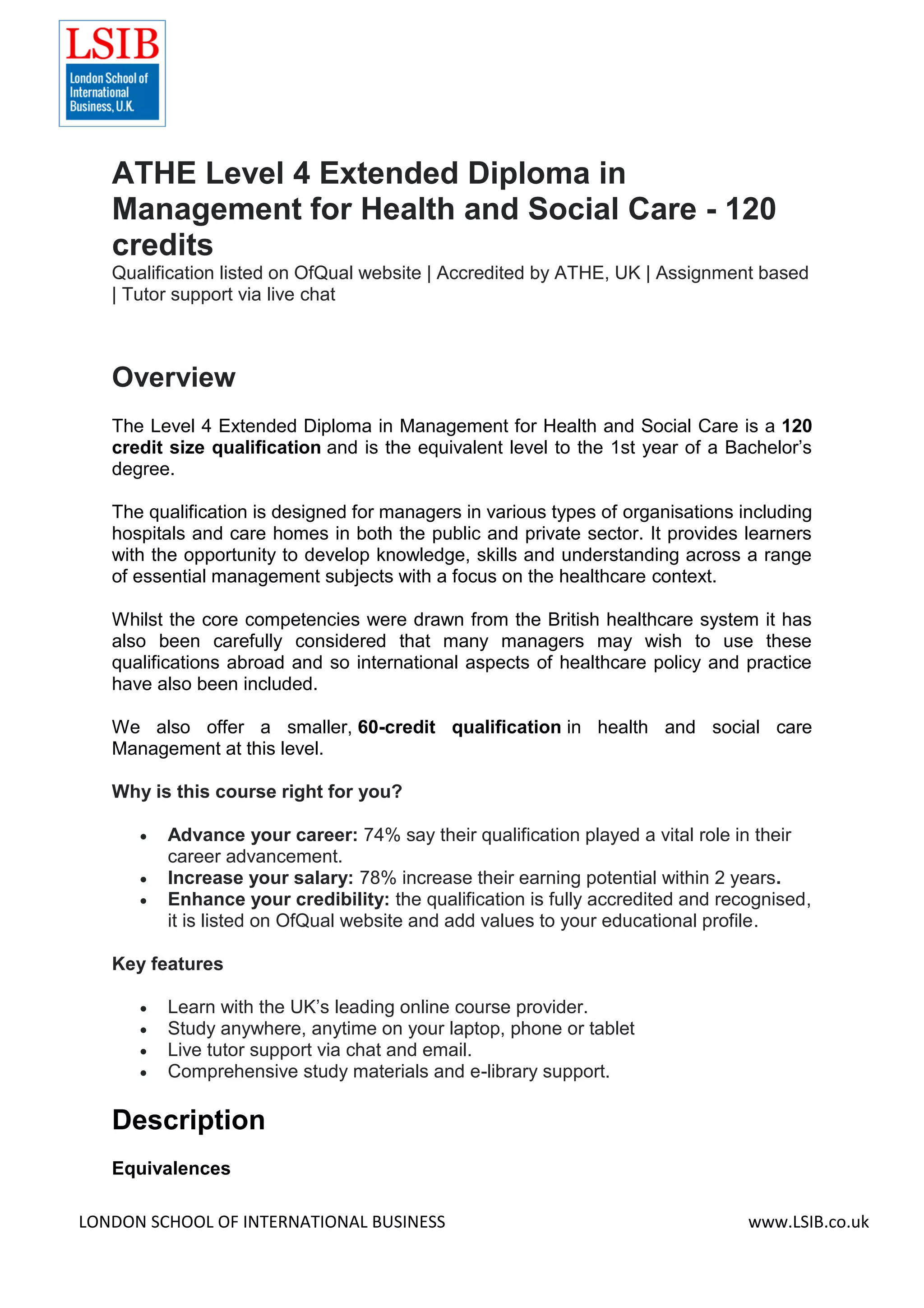 ATHE Level 4 Extended Diploma in Management for Health and Social Care ...