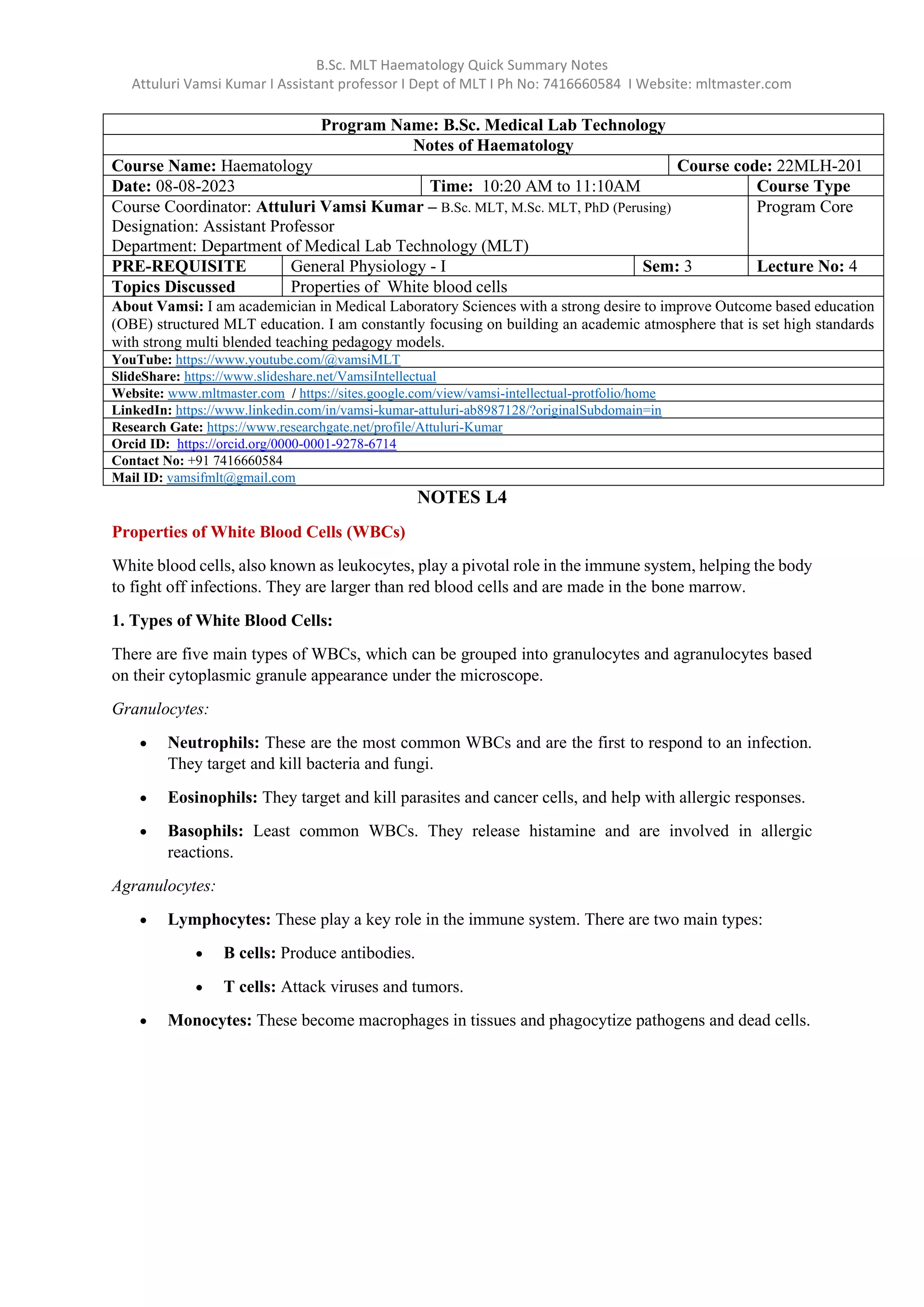 Properties of White Blood Cells | PDF