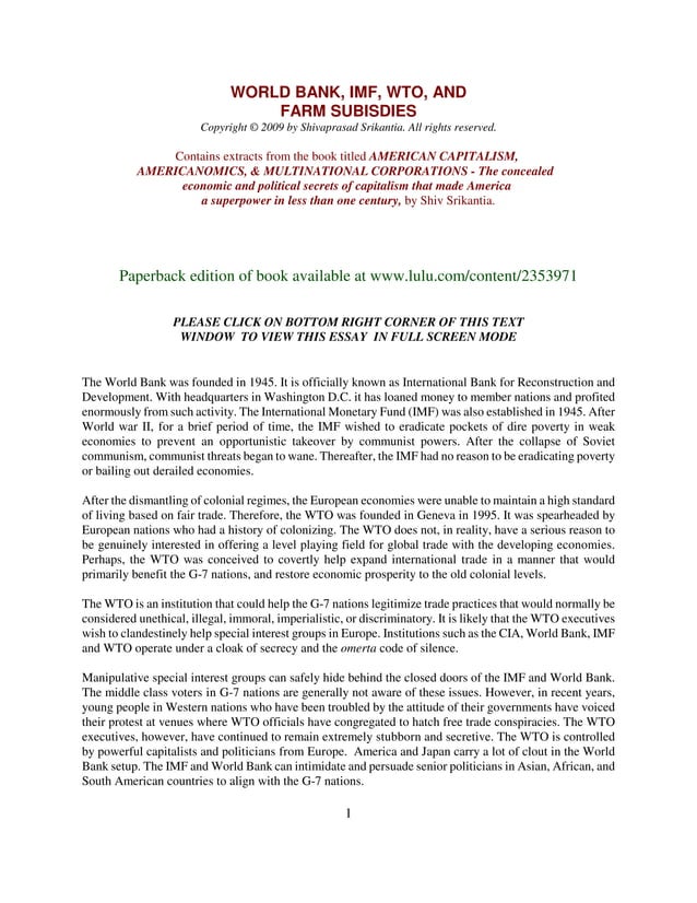 WORLD BANK, IMF, WTO, AND FARM SUBSIDIES | PDF