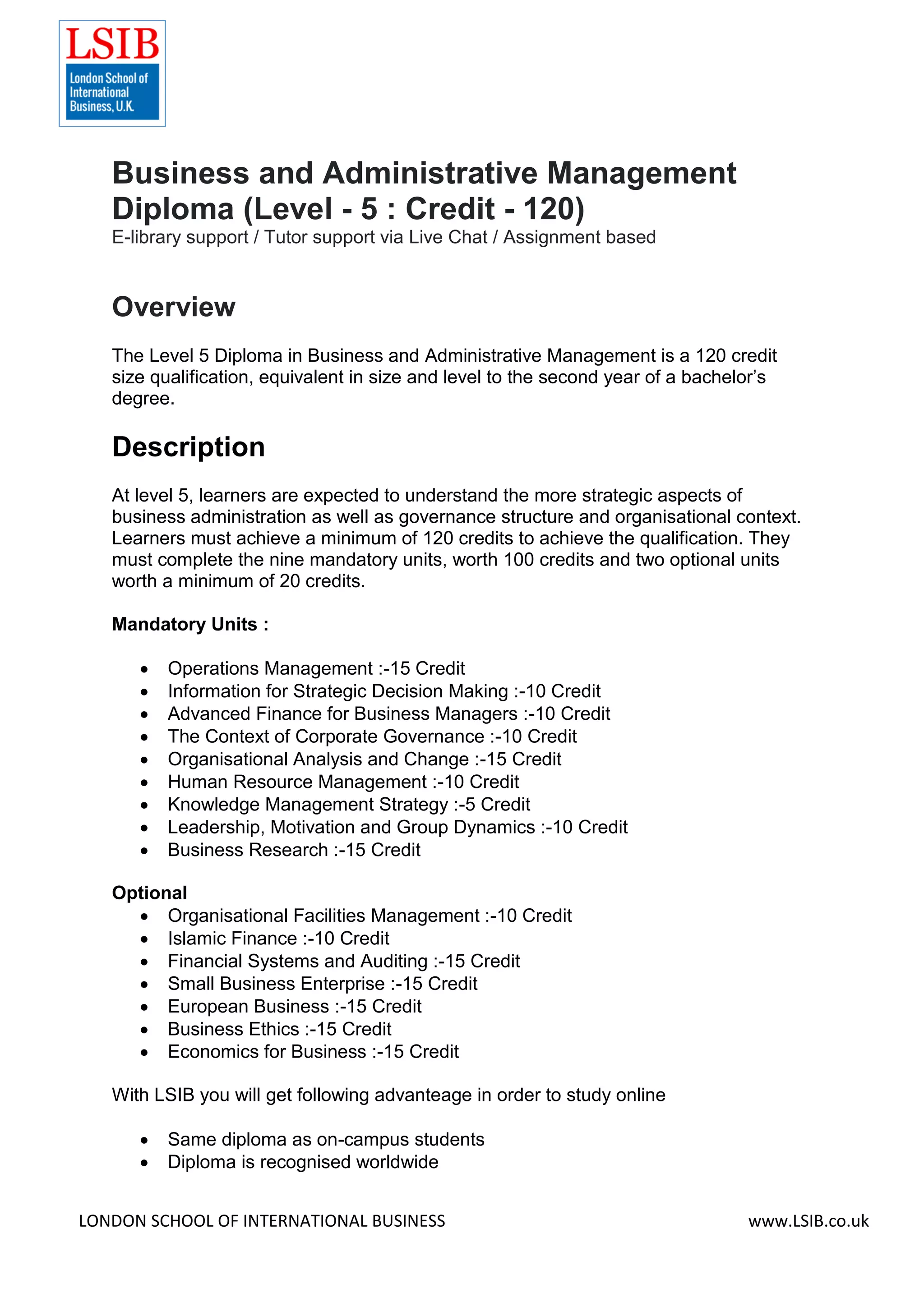 Business and Administrative Management Diploma (Level - 5 : Credit ...