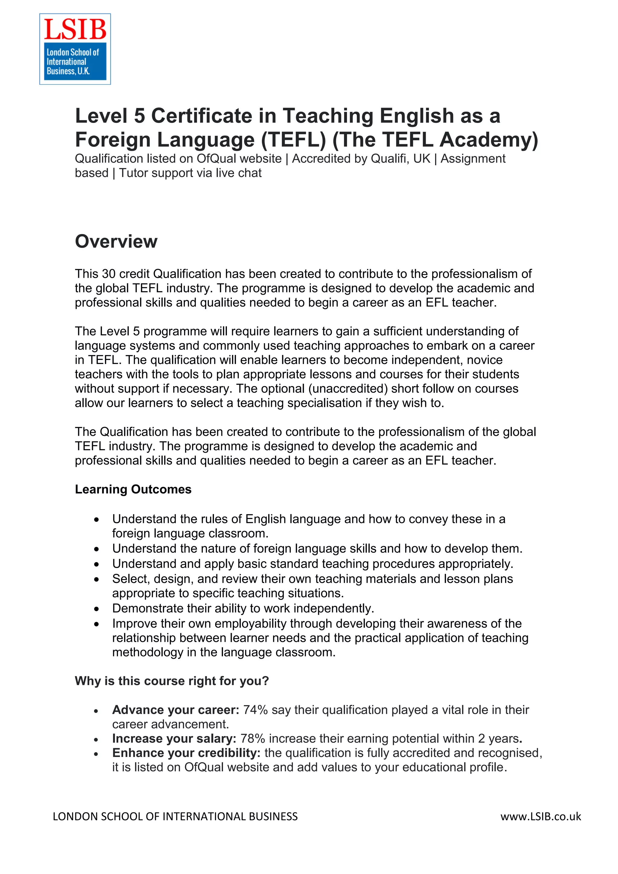 Level 5 Certificate in Teaching English as a Foreign Language (TEFL ...
