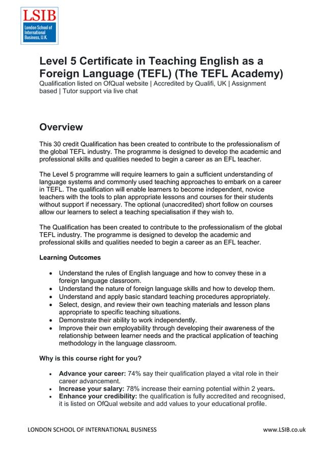 Level 5 Certificate in Teaching English as a Foreign Language (TEFL ...