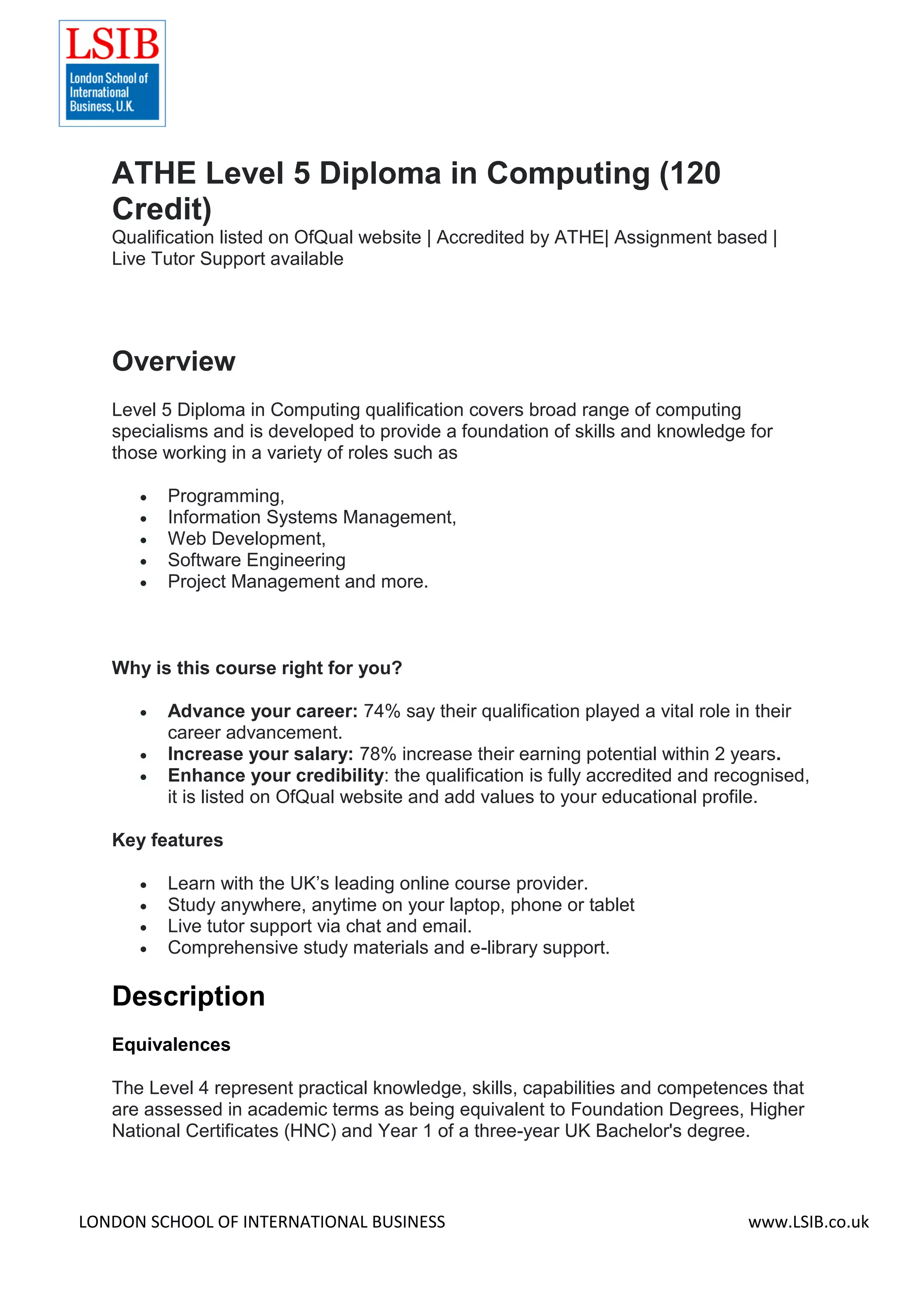 ATHE Level 5 Diploma in Computing (120 Credit) | PDF