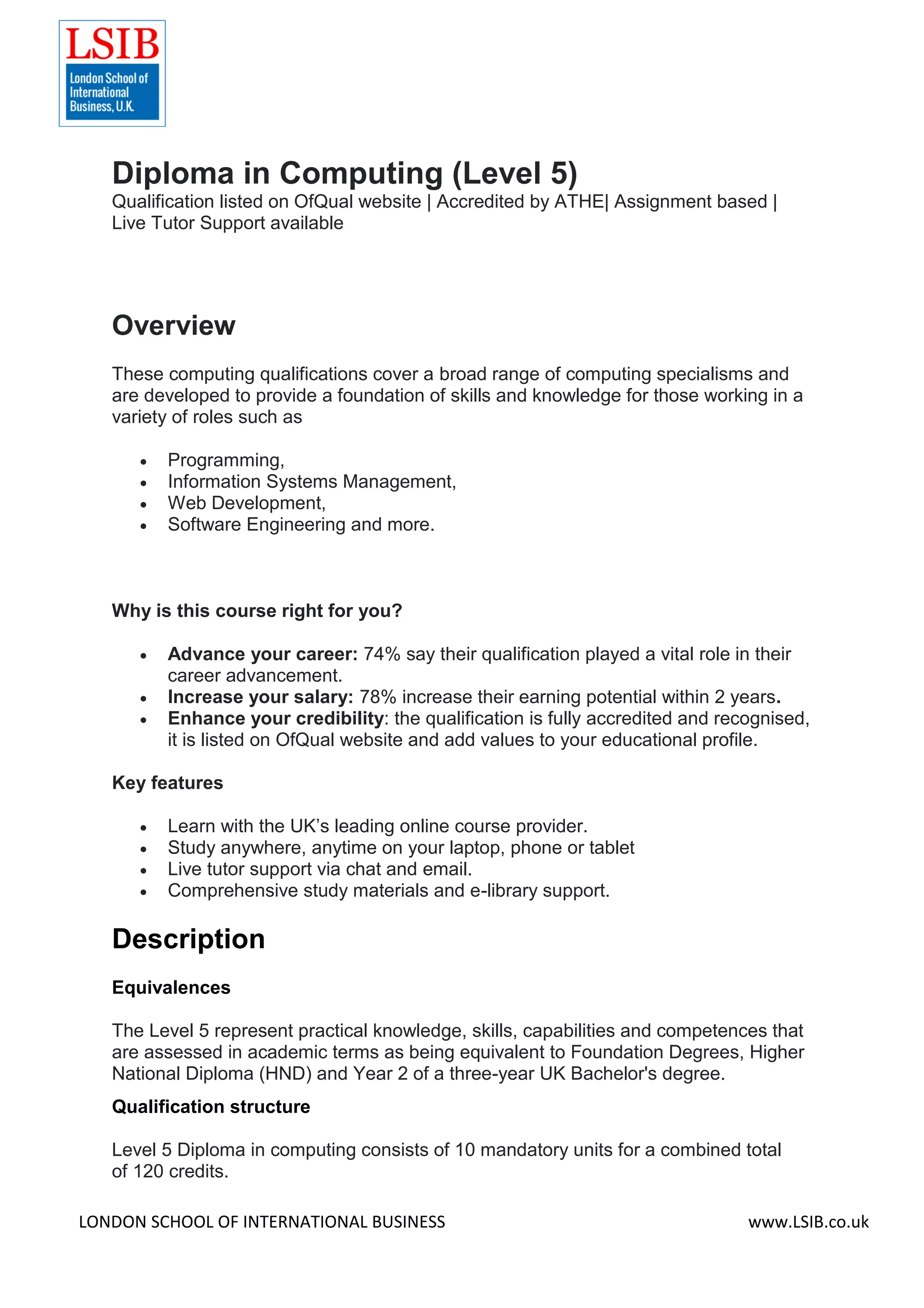 Diploma in Computing (Level 5) | PDF