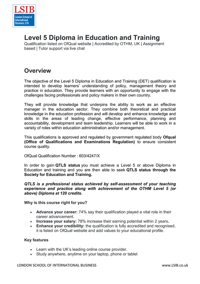 Level 5 Diploma in Education and Training | PDF