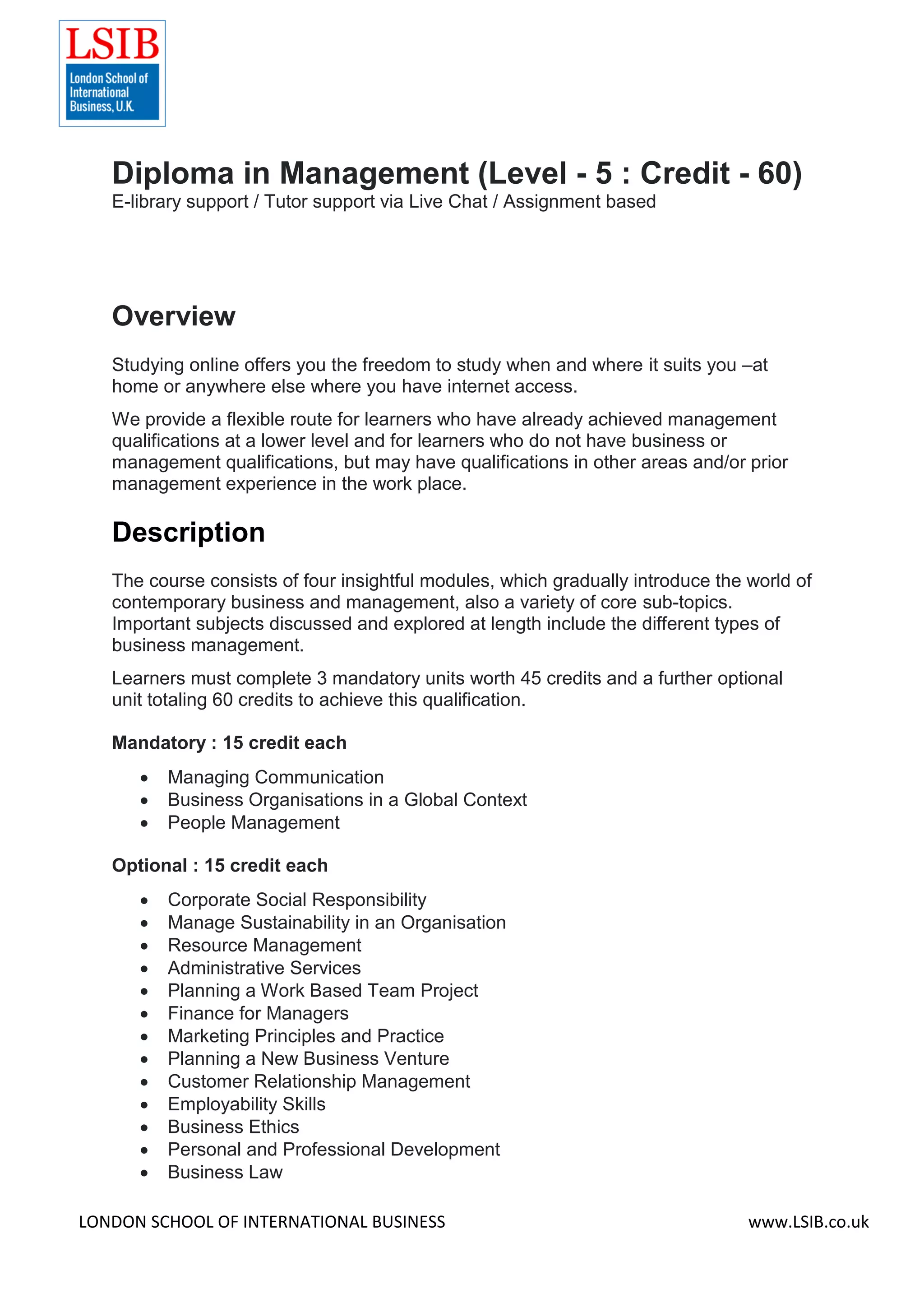 Diploma in Management (Level - 5 : Credit - 60) | PDF | Postgraduate ...