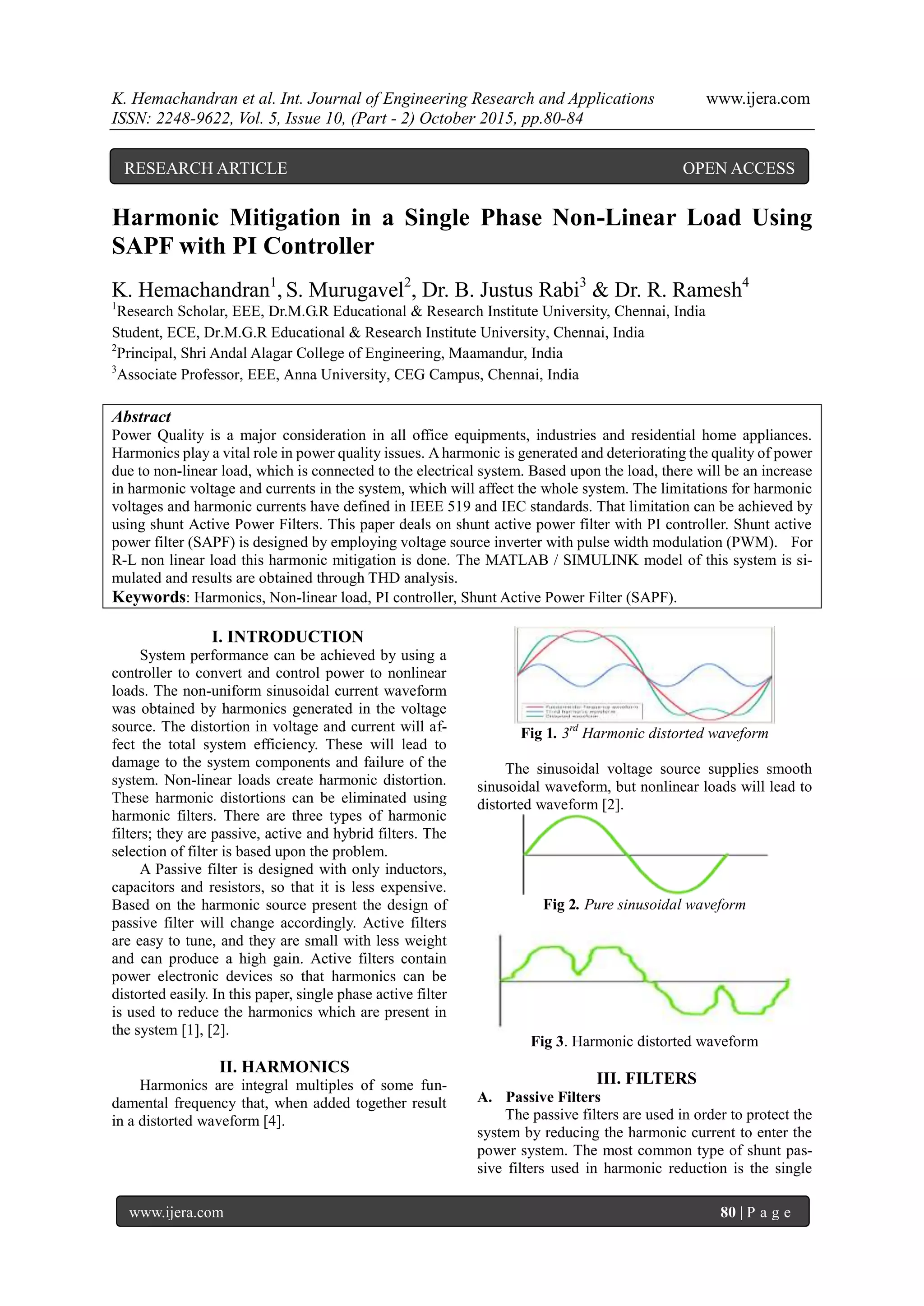 Harmonic Mitigation in a Single Phase Non-Linear Load Using SAPF with PI Controller | PDF