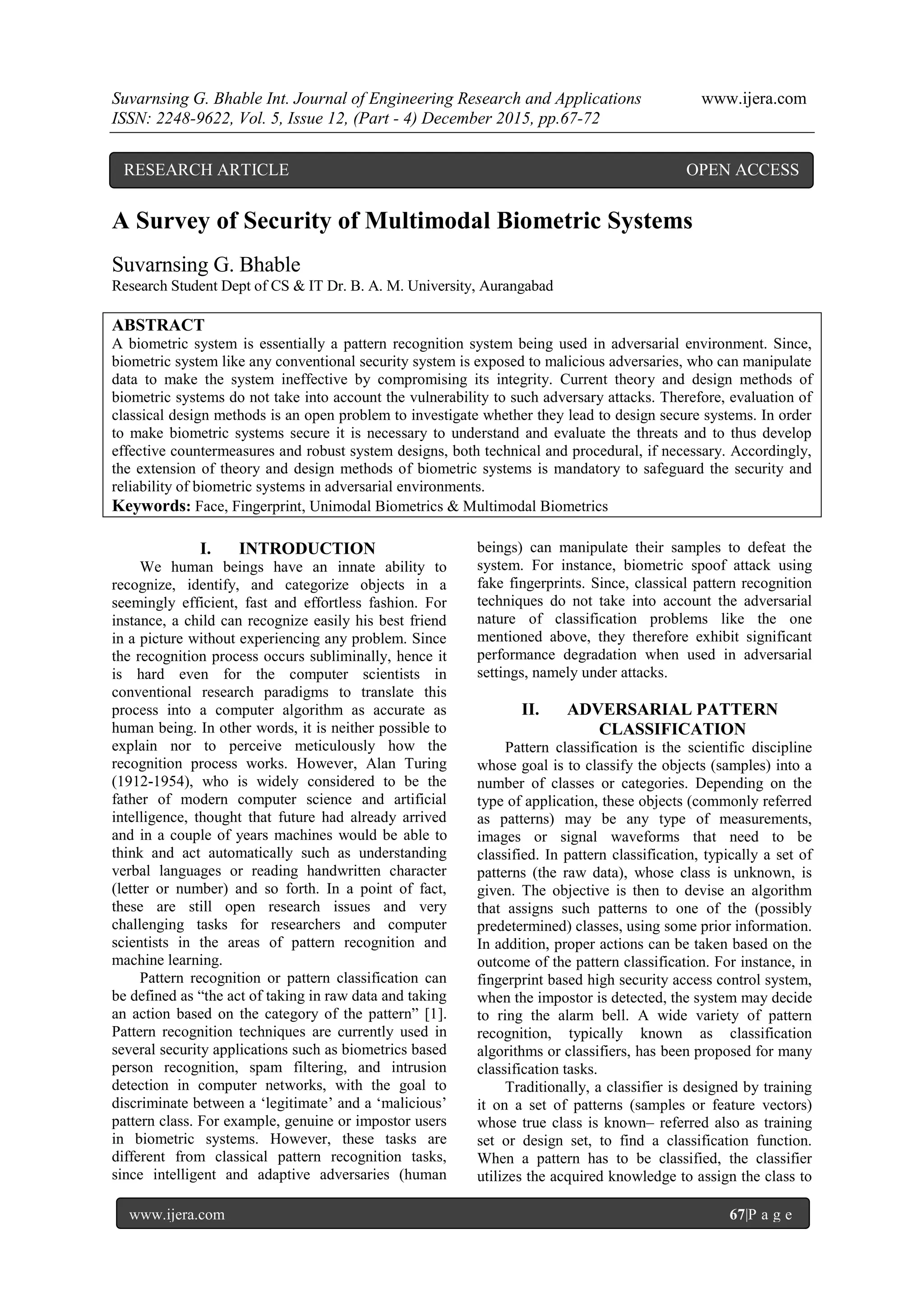 A Survey of Security of Multimodal Biometric Systems | PDF