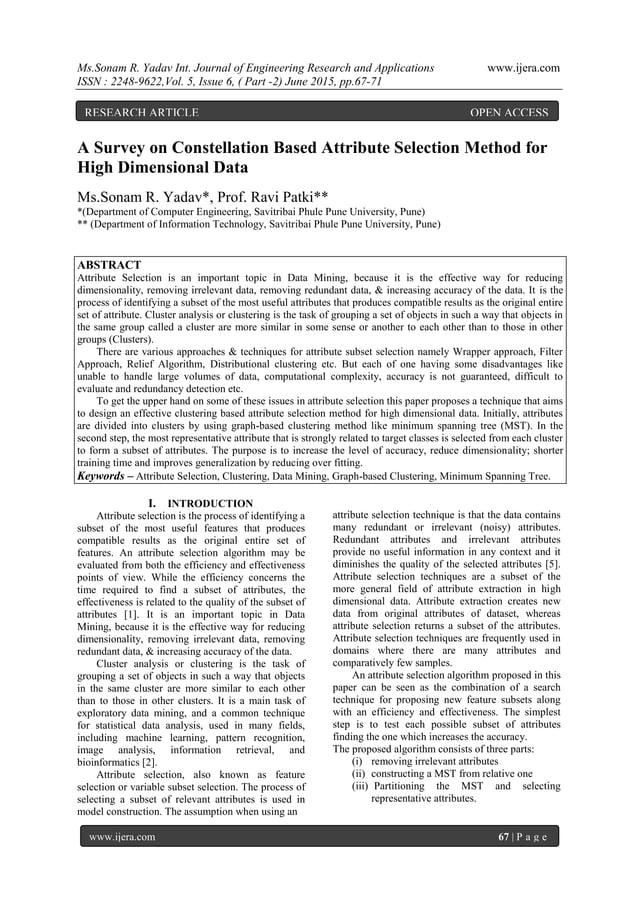A Survey on Constellation Based Attribute Selection Method for High Dimensional Data | PDF