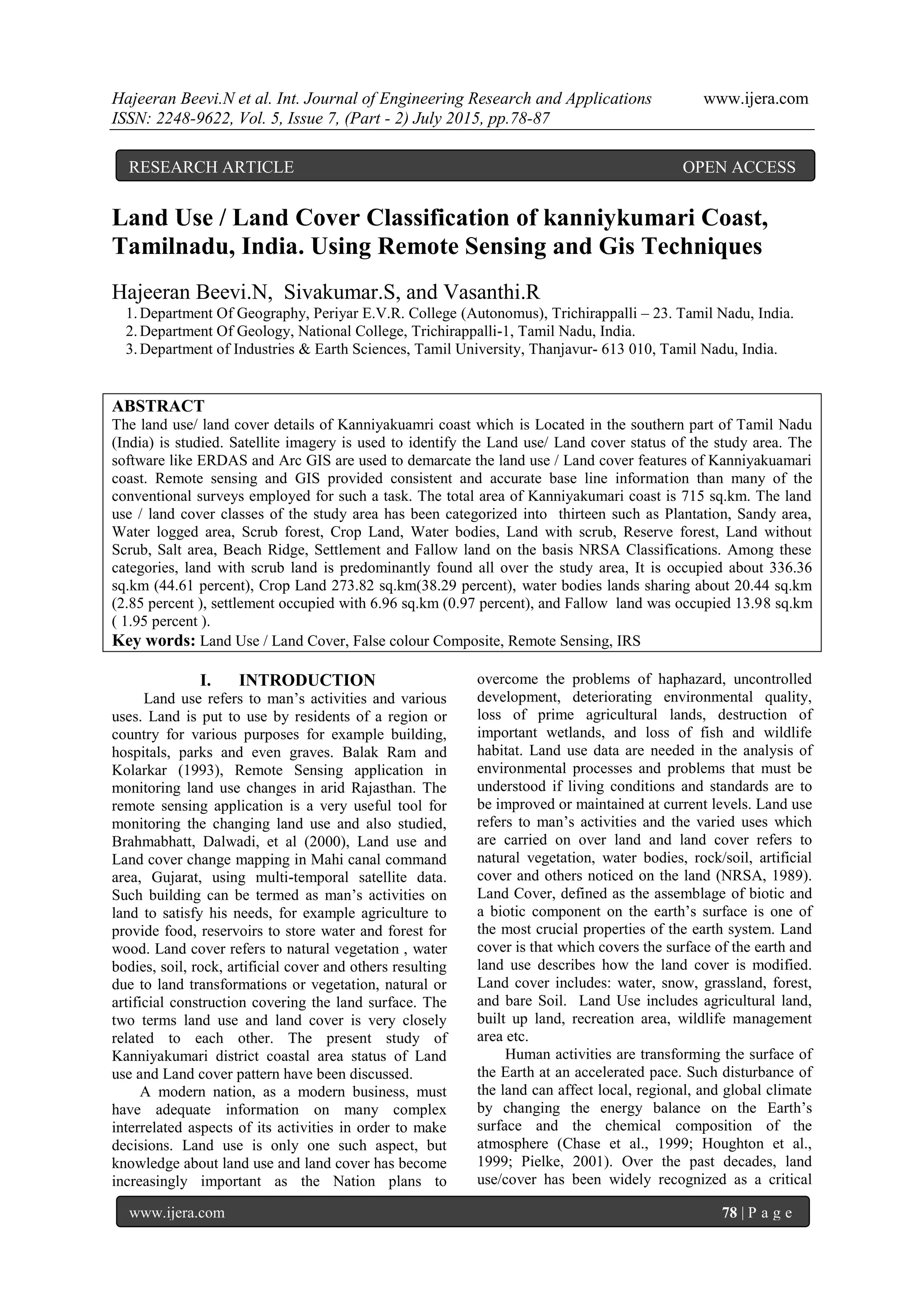 Land Use / Land Cover Classification of kanniykumari Coast, Tamilnadu ...