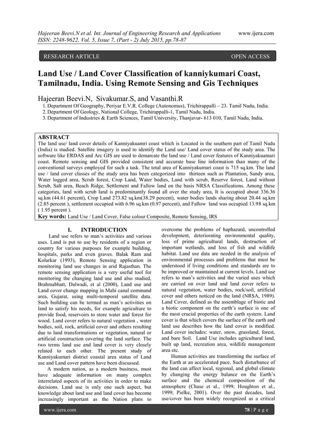 Land Use / Land Cover Classification of kanniykumari Coast, Tamilnadu ...