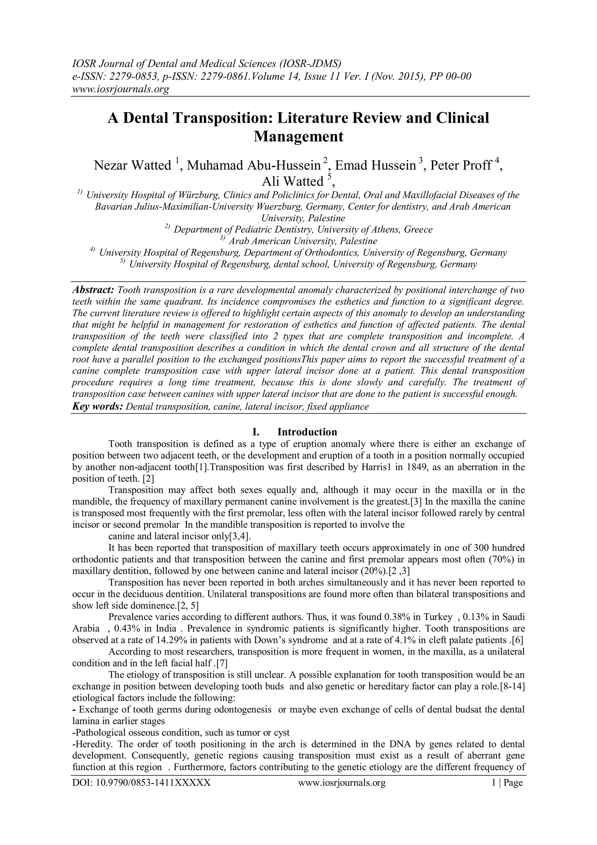 A Dental Transposition: Literature Review and Clinical Management | PDF