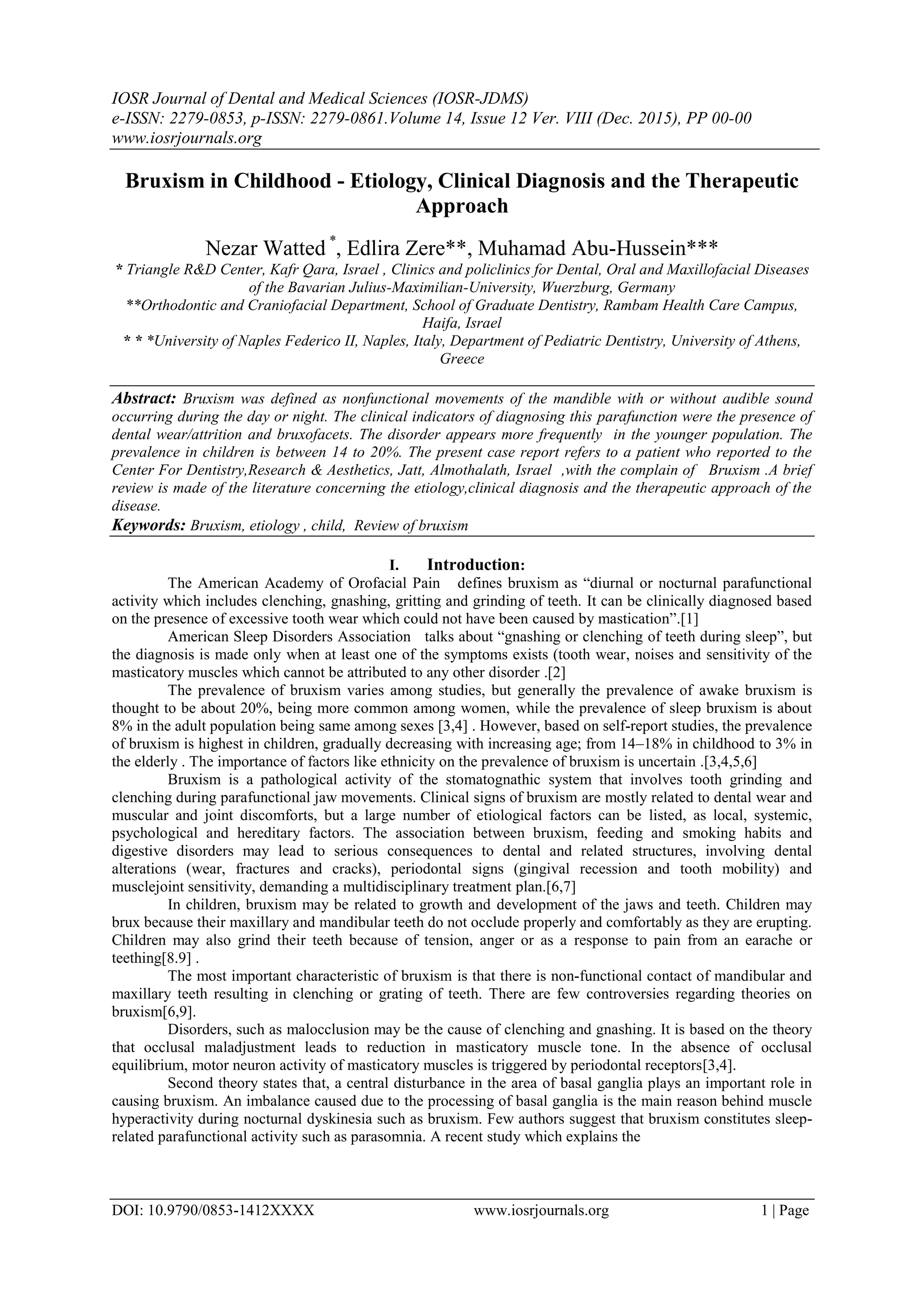 Bruxism in Childhood - Etiology, Clinical Diagnosis and the Therapeutic ...