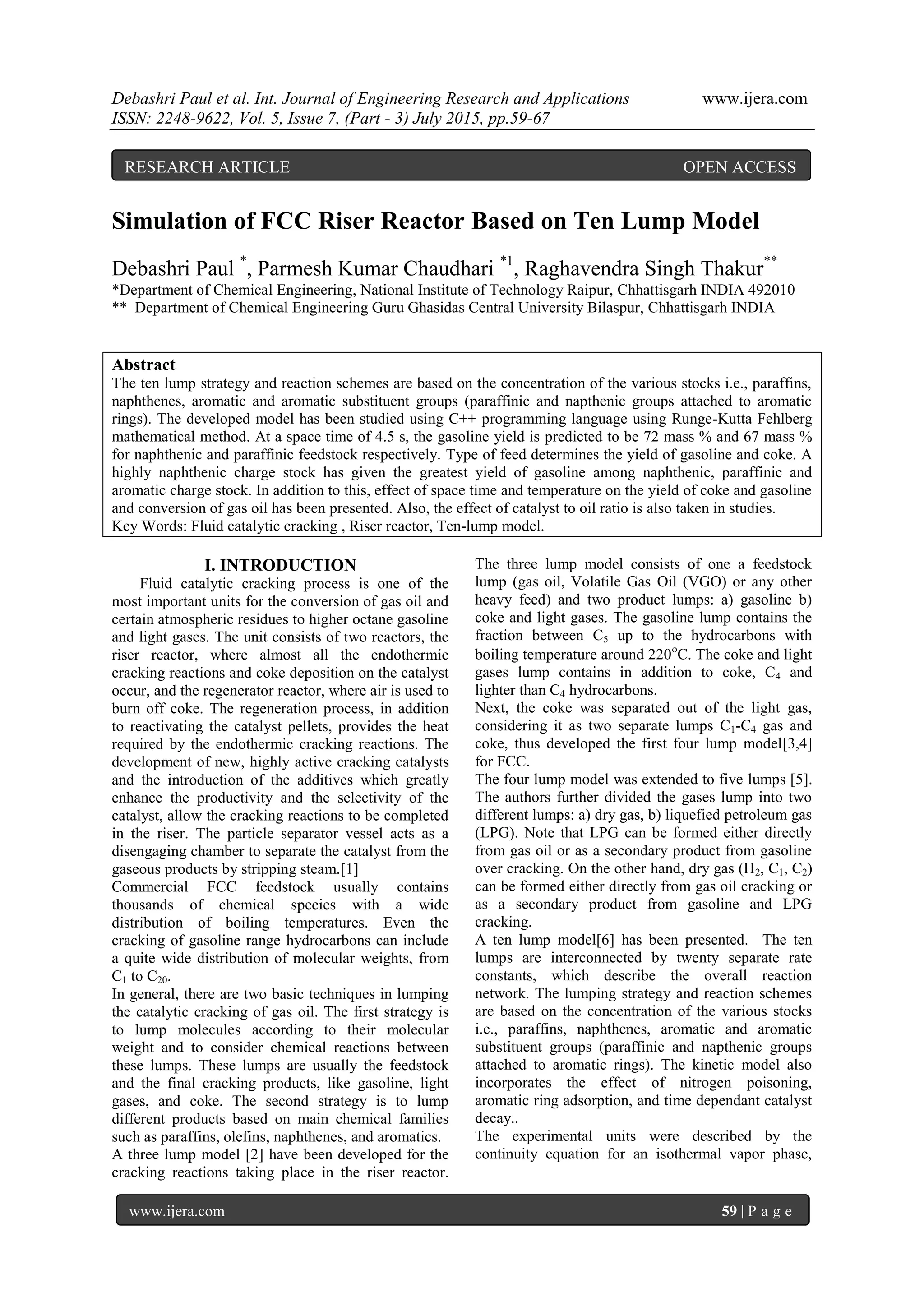 Simulation of FCC Riser Reactor Based on Ten Lump Model | PDF