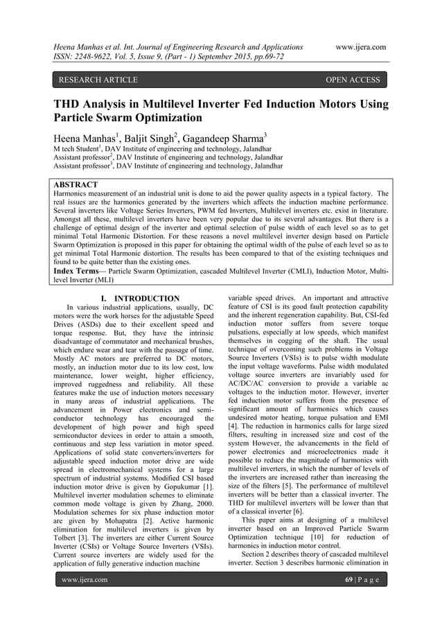 THD Analysis in Multilevel Inverter Fed Induction Motors Using Particle Swarm Optimization | PDF
