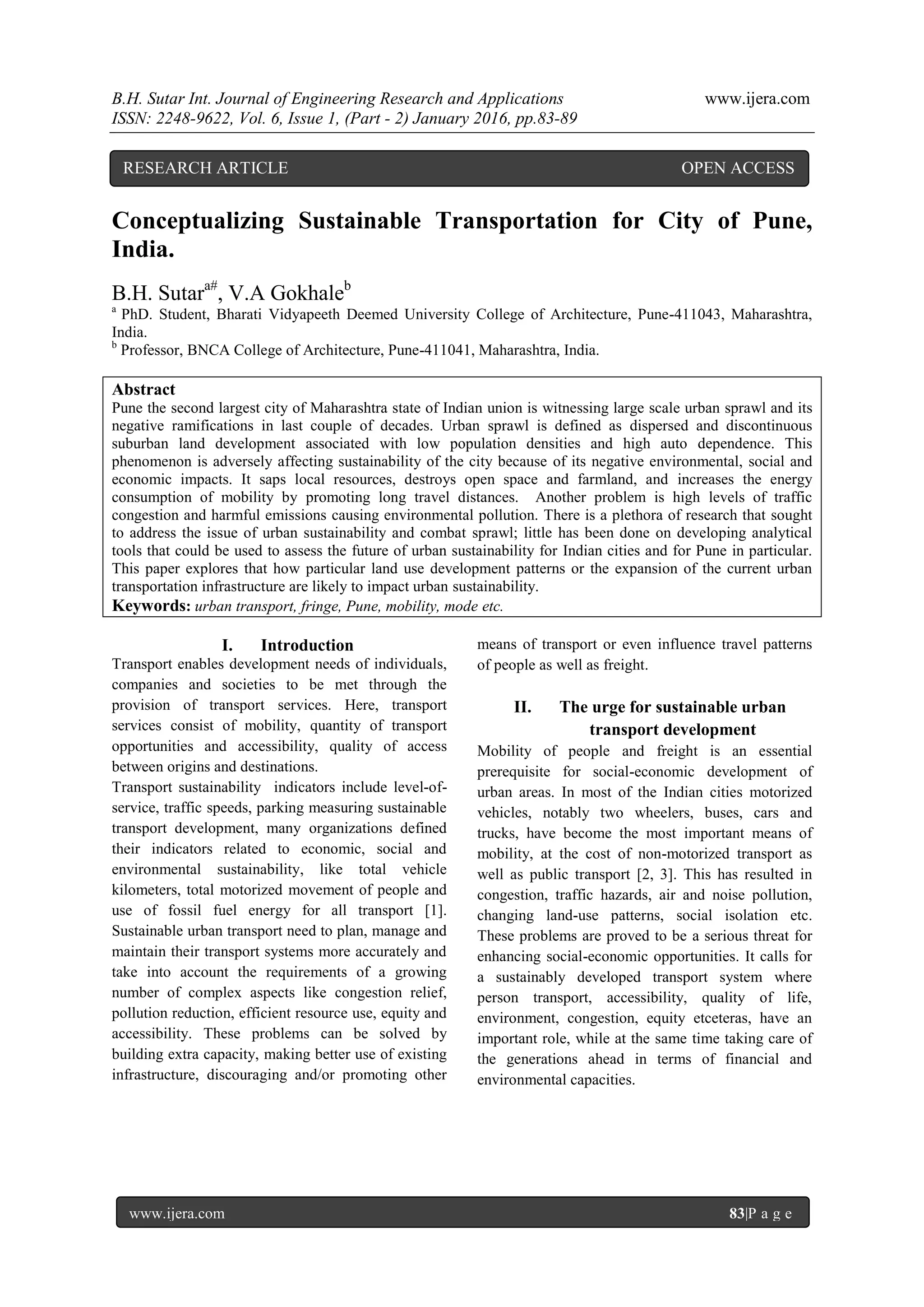 Conceptualizing Sustainable Transportation for City of Pune, India. | PDF