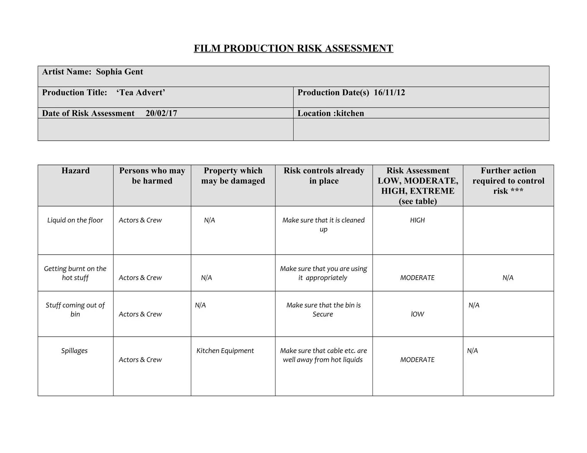 L6g film production risk assessment form (example and template) | DOC