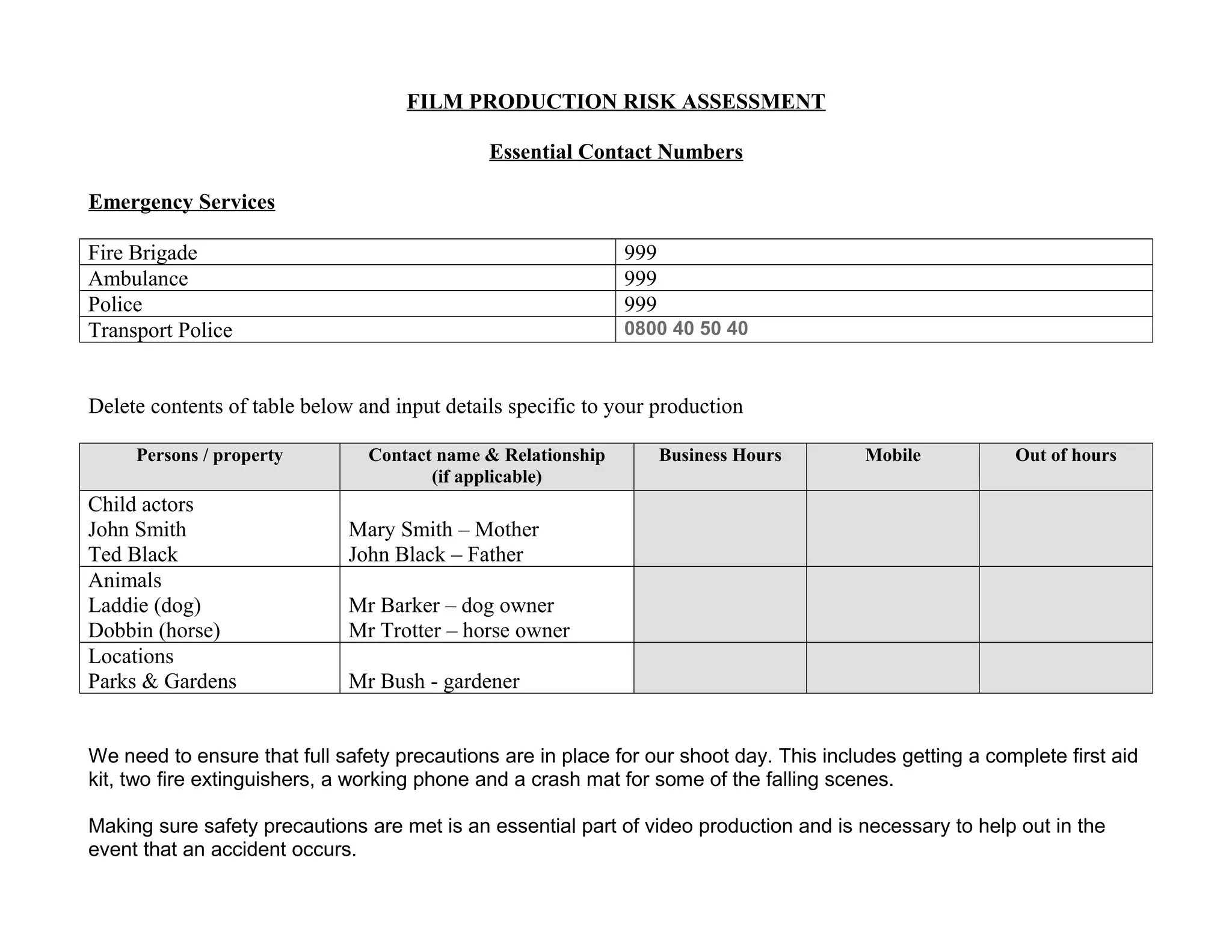 L6g film production risk assessment form (example and template) | DOC