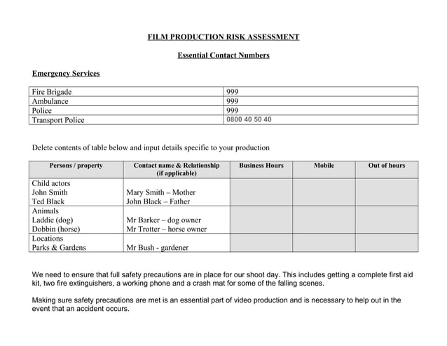 L6g film production risk assessment form (example and template) | DOC ...