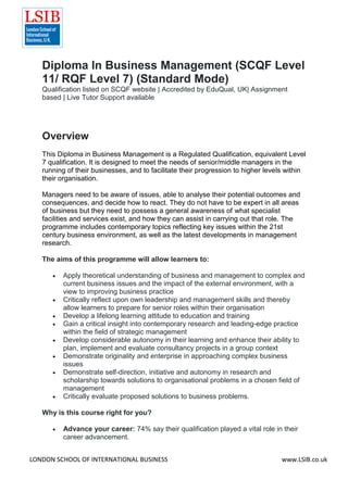 Diploma In Business Management (SCQF Level 11/ RQF Level 7) (Standard Mode) | PDF | Business ...