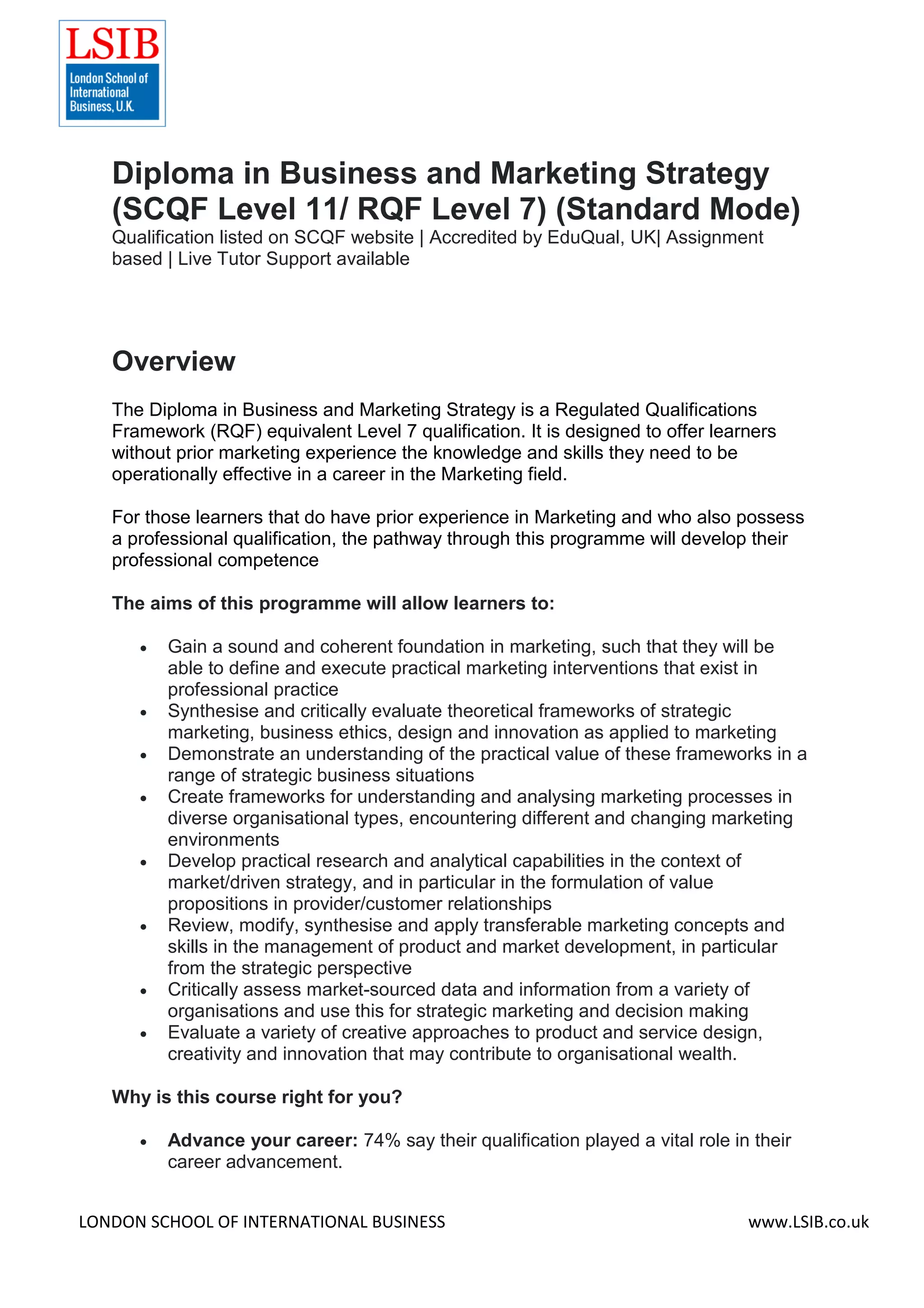 Diploma in Business and Marketing Strategy (SCQF Level 11/ RQF Level 7 ...
