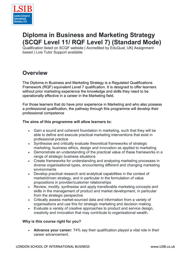 Diploma in Business and Marketing Strategy (SCQF Level 11/ RQF Level 7 ...