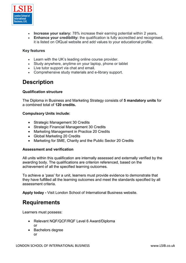 Diploma in Business and Marketing Strategy (SCQF Level 11/ RQF Level 7 ...