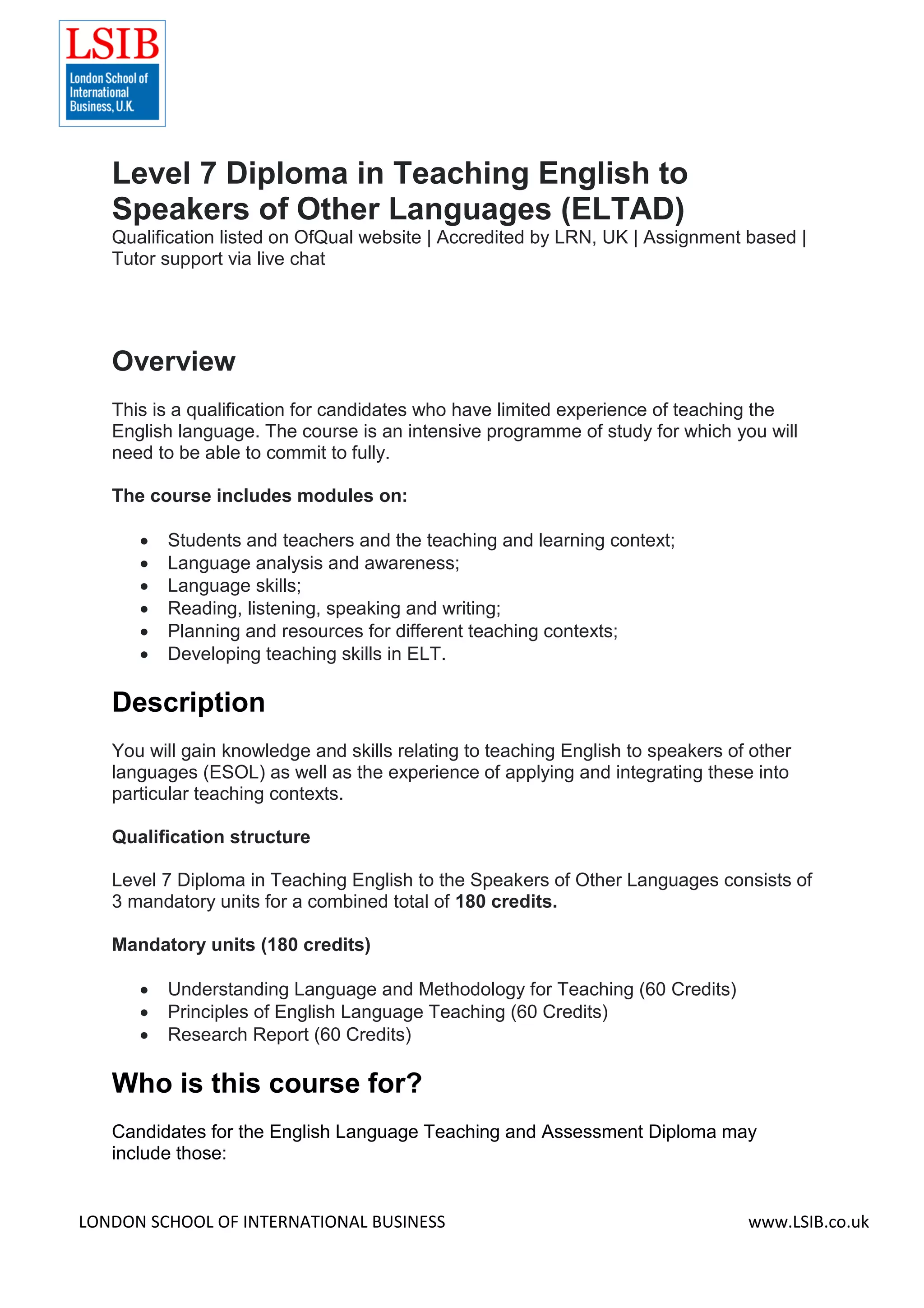 Level 7 Diploma in Teaching English to Speakers of Other Languages ...