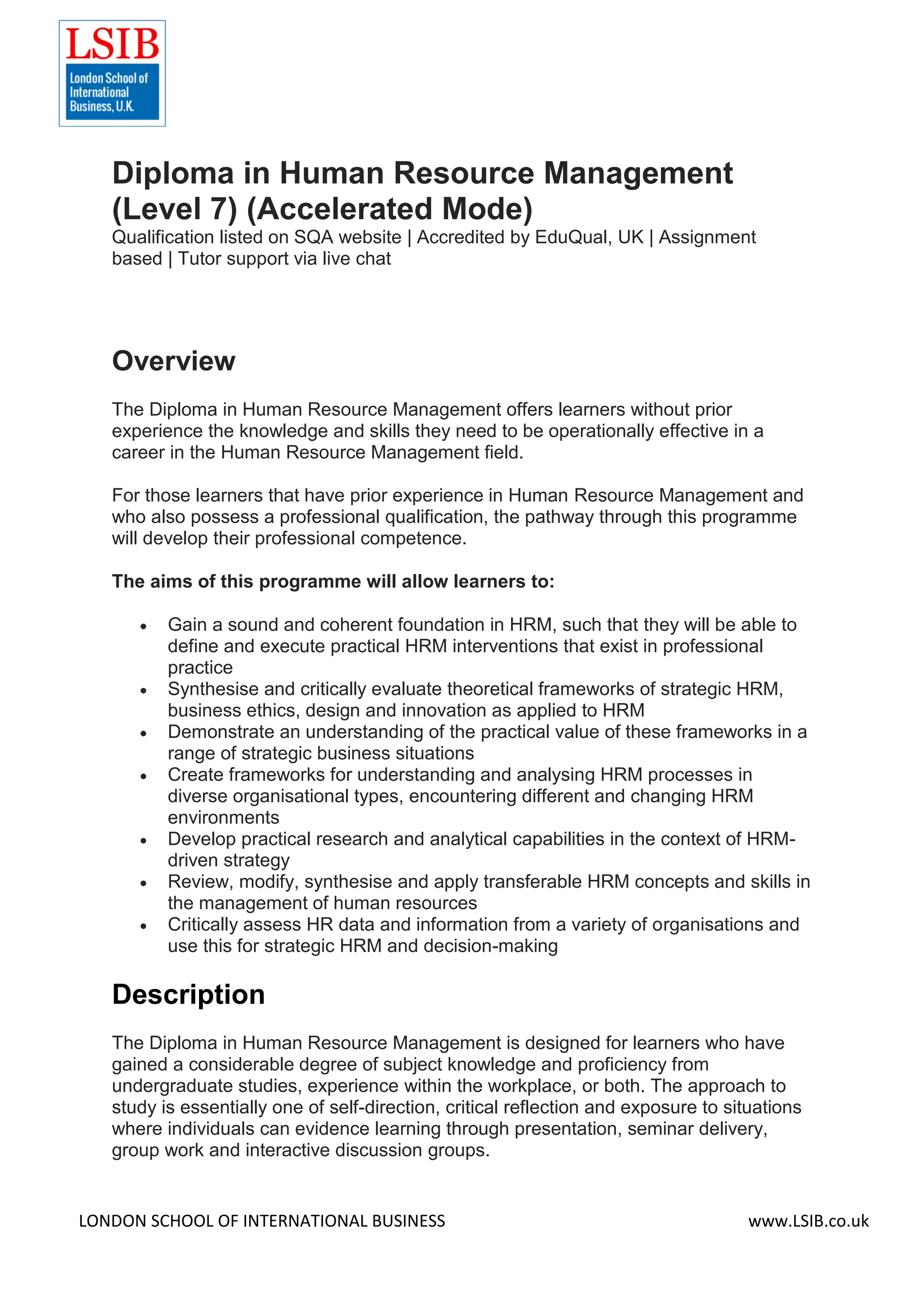 Diploma in Human Resource Management (Level 7) (Accelerated Mode) | PDF