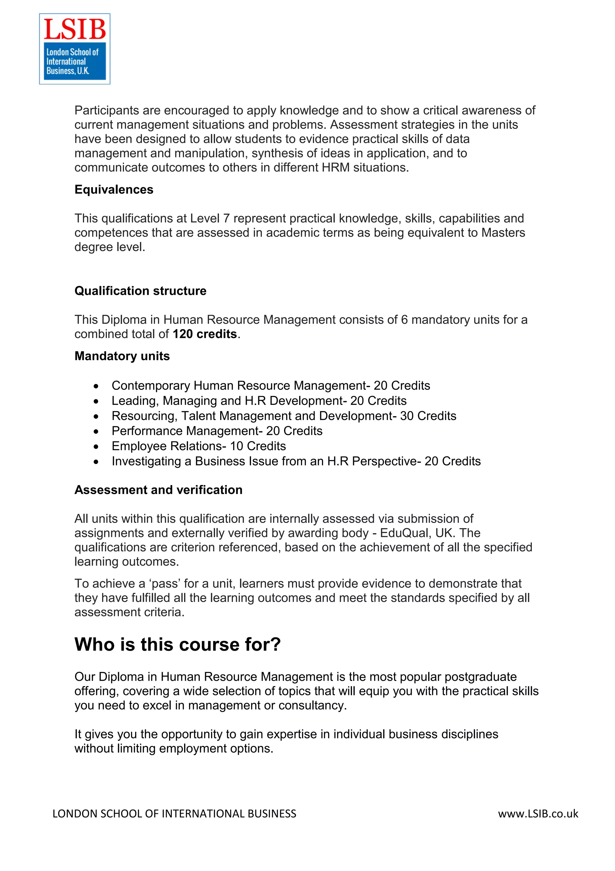 Diploma in Human Resource Management (Level 7) (Accelerated Mode) | PDF