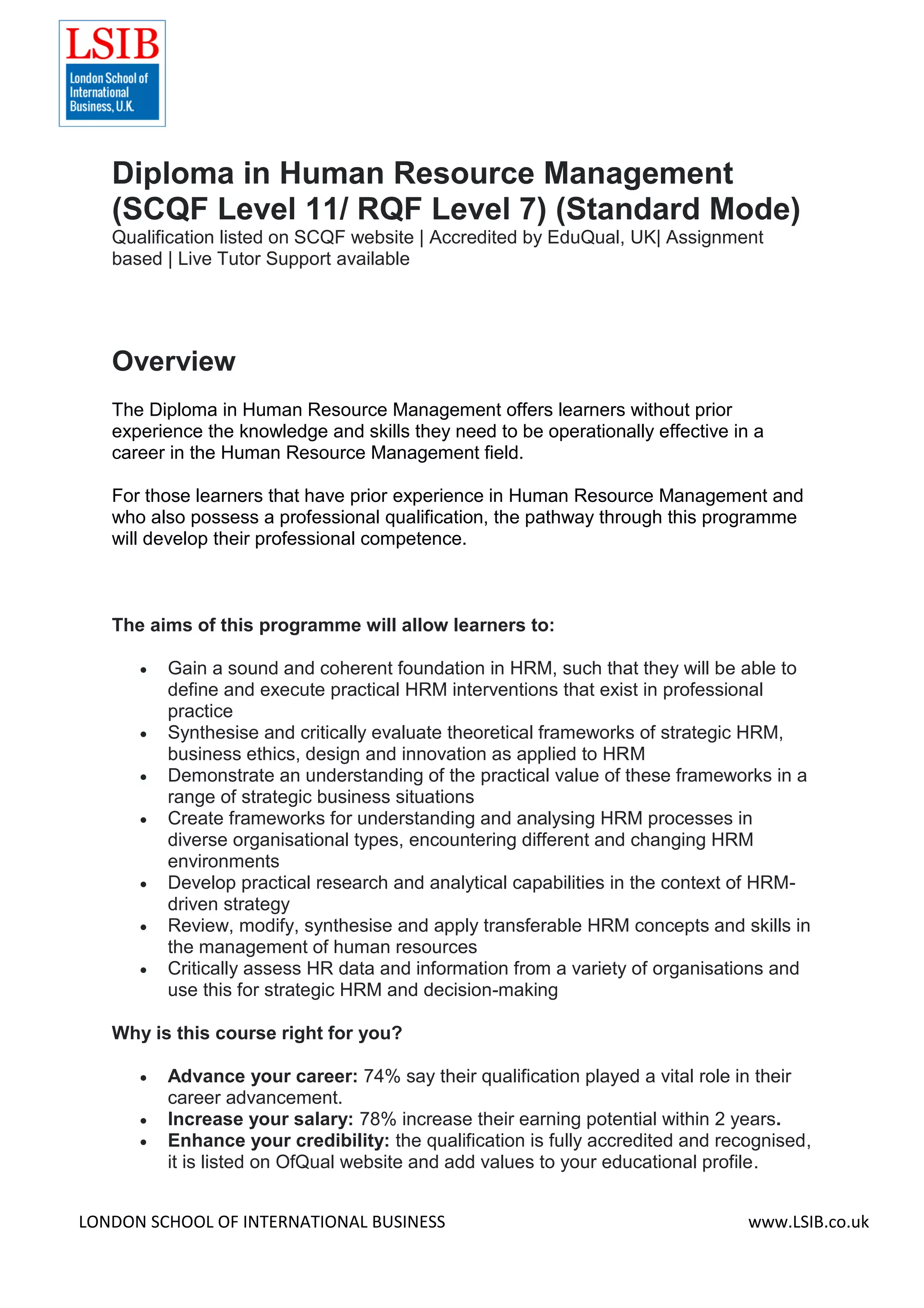 Diploma in Human Resource Management (SCQF Level 11/ RQF Level 7 ...