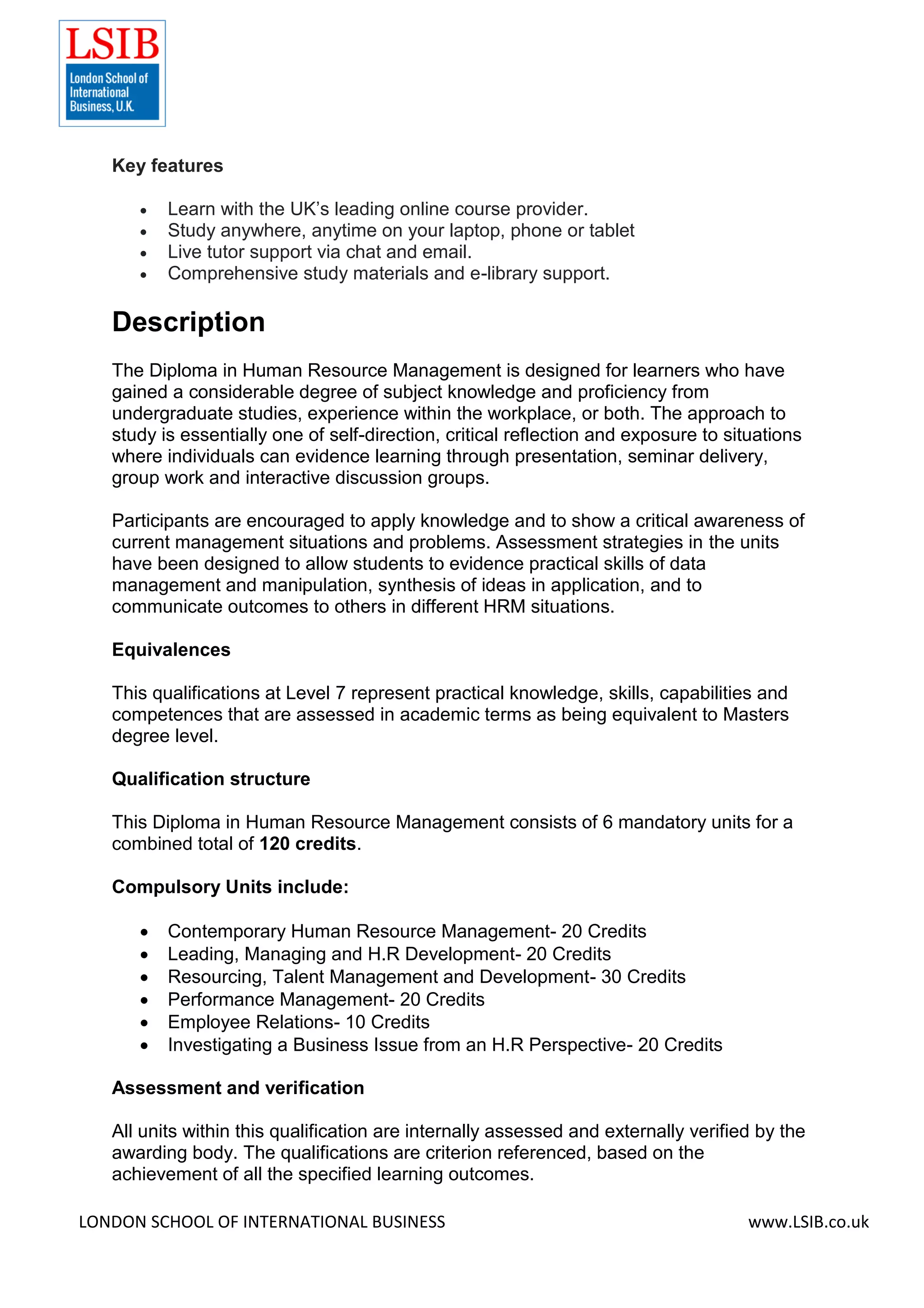 Diploma in Human Resource Management (SCQF Level 11/ RQF Level 7 ...