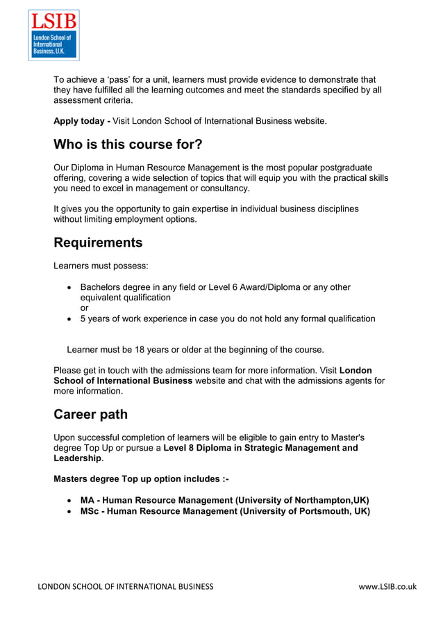 Diploma in Human Resource Management (SCQF Level 11/ RQF Level 7 ...