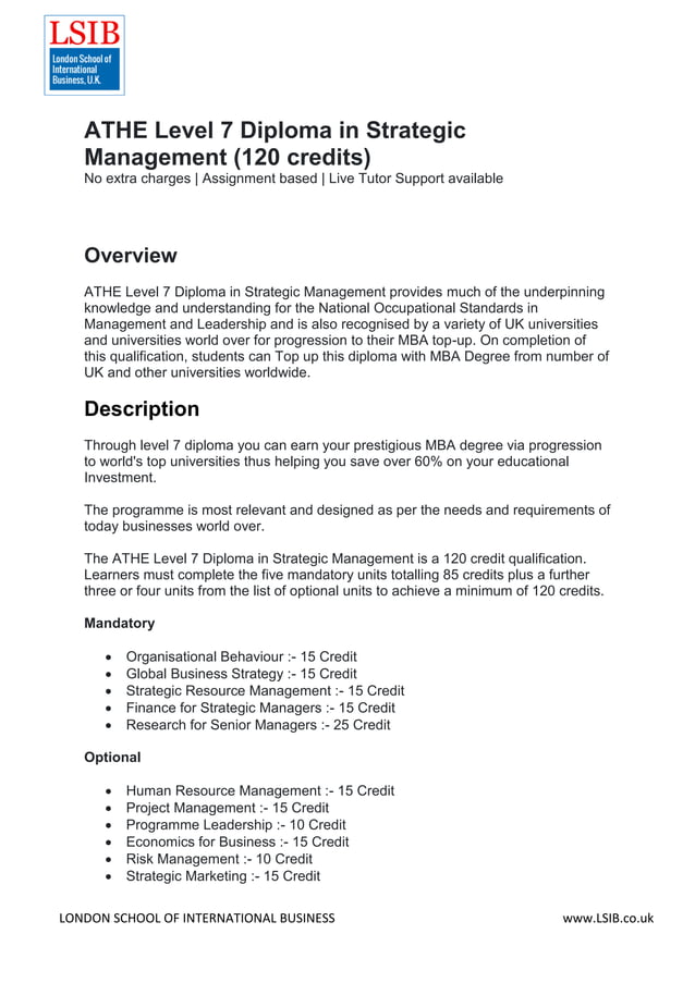 ATHE Level 7 Diploma in Strategic Management (120 credits) | PDF
