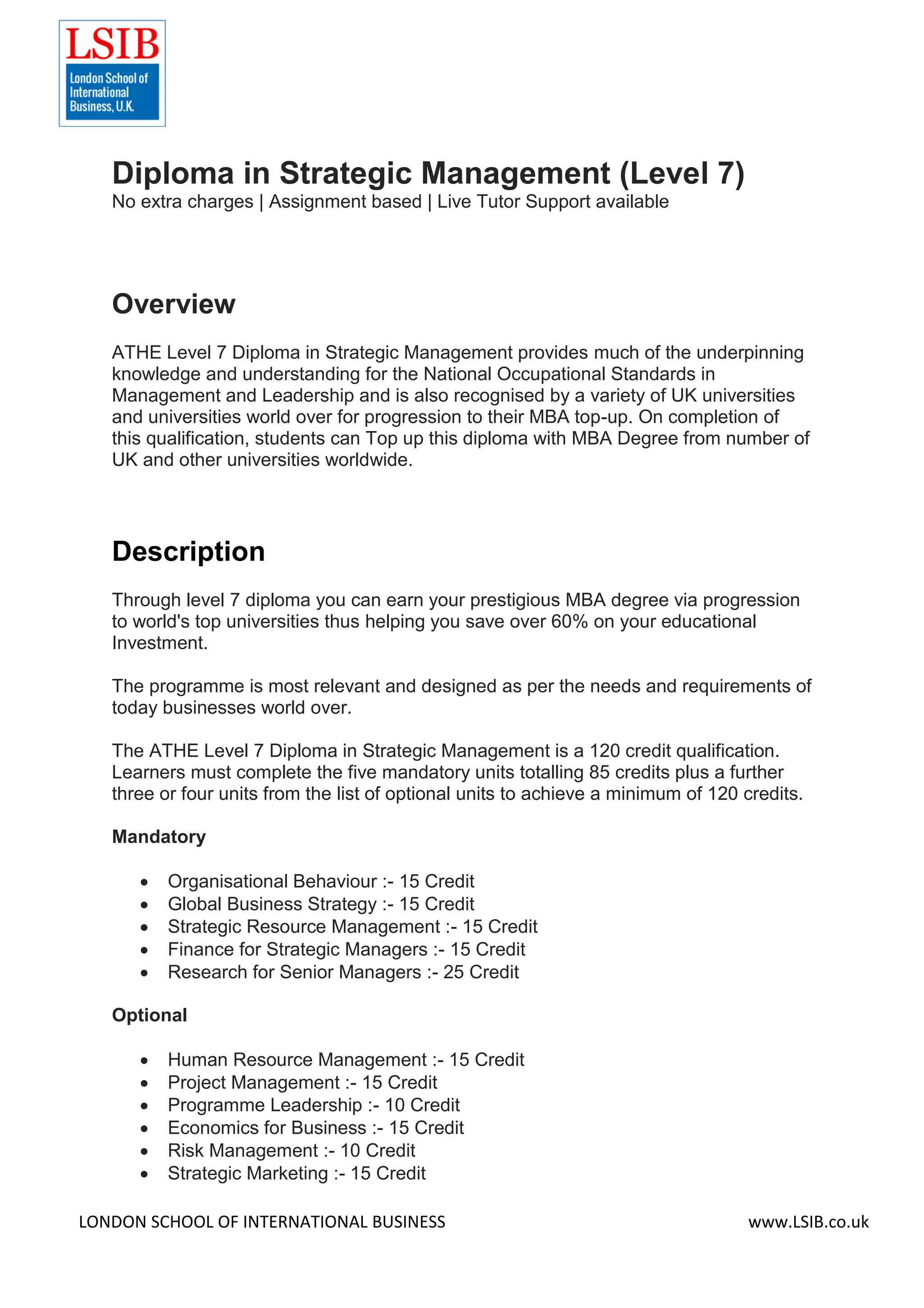 Diploma in Strategic Management (Level 7) | PDF