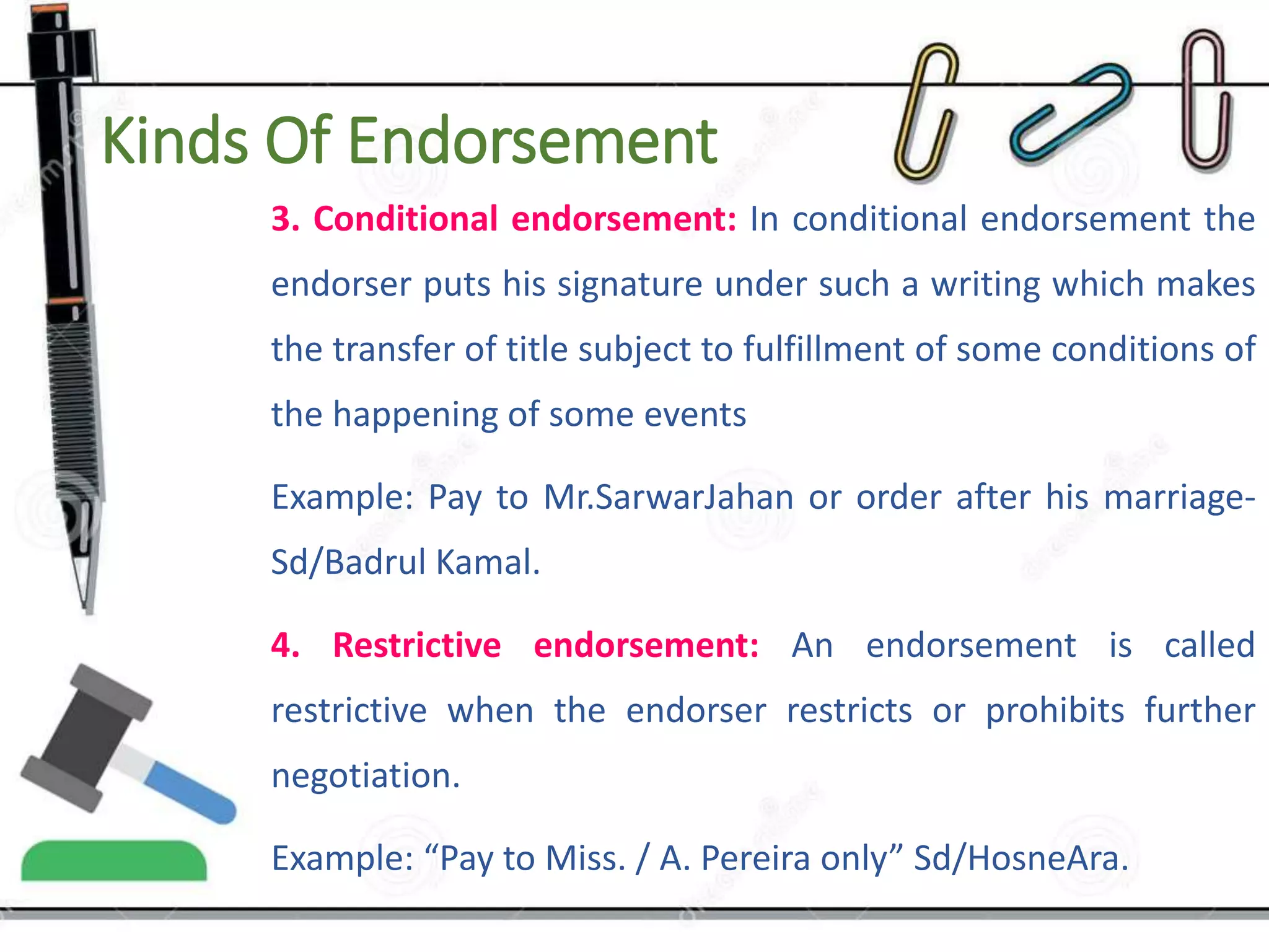 Negotiable Instruments Act,1881- Types of endorsements | PPTX