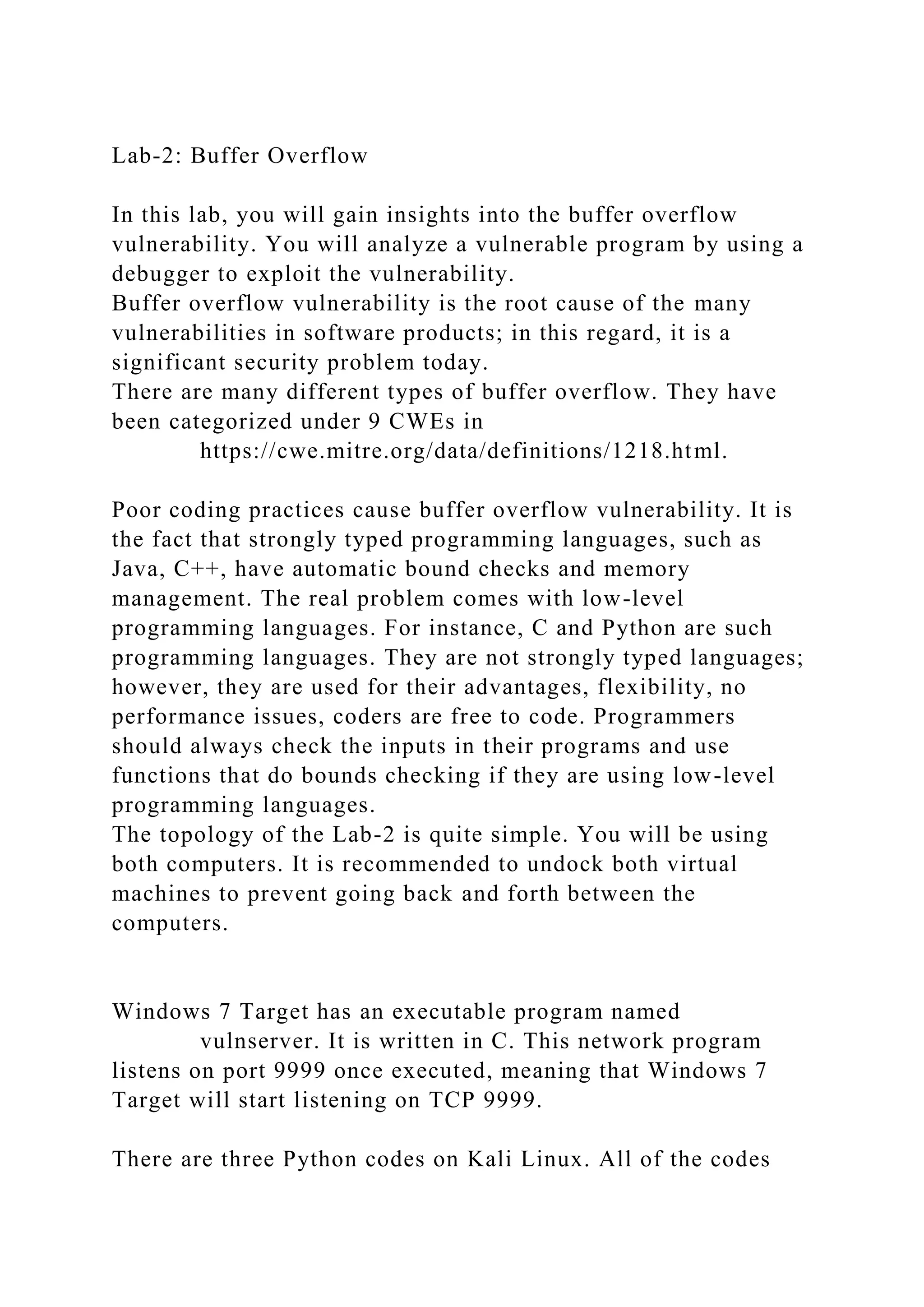 Lab-2 Buffer Overflow In this lab, you will gain insight | PDF