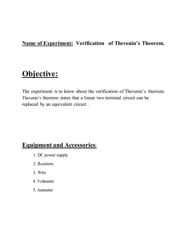 Verification of Thevenin’s Theorem. lab report | DOCX