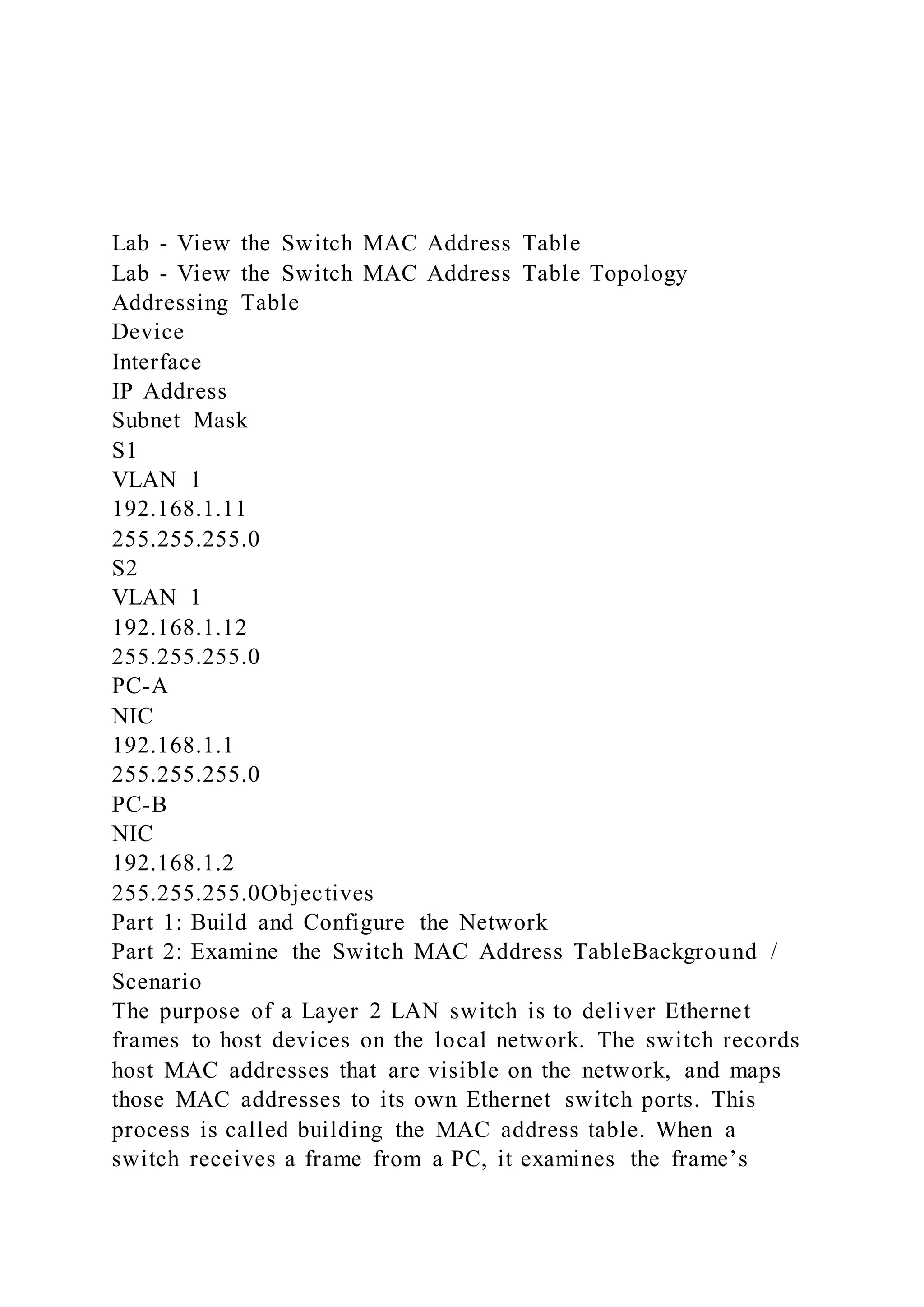 Lab view the switch mac address table lab - view the switch | DOCX