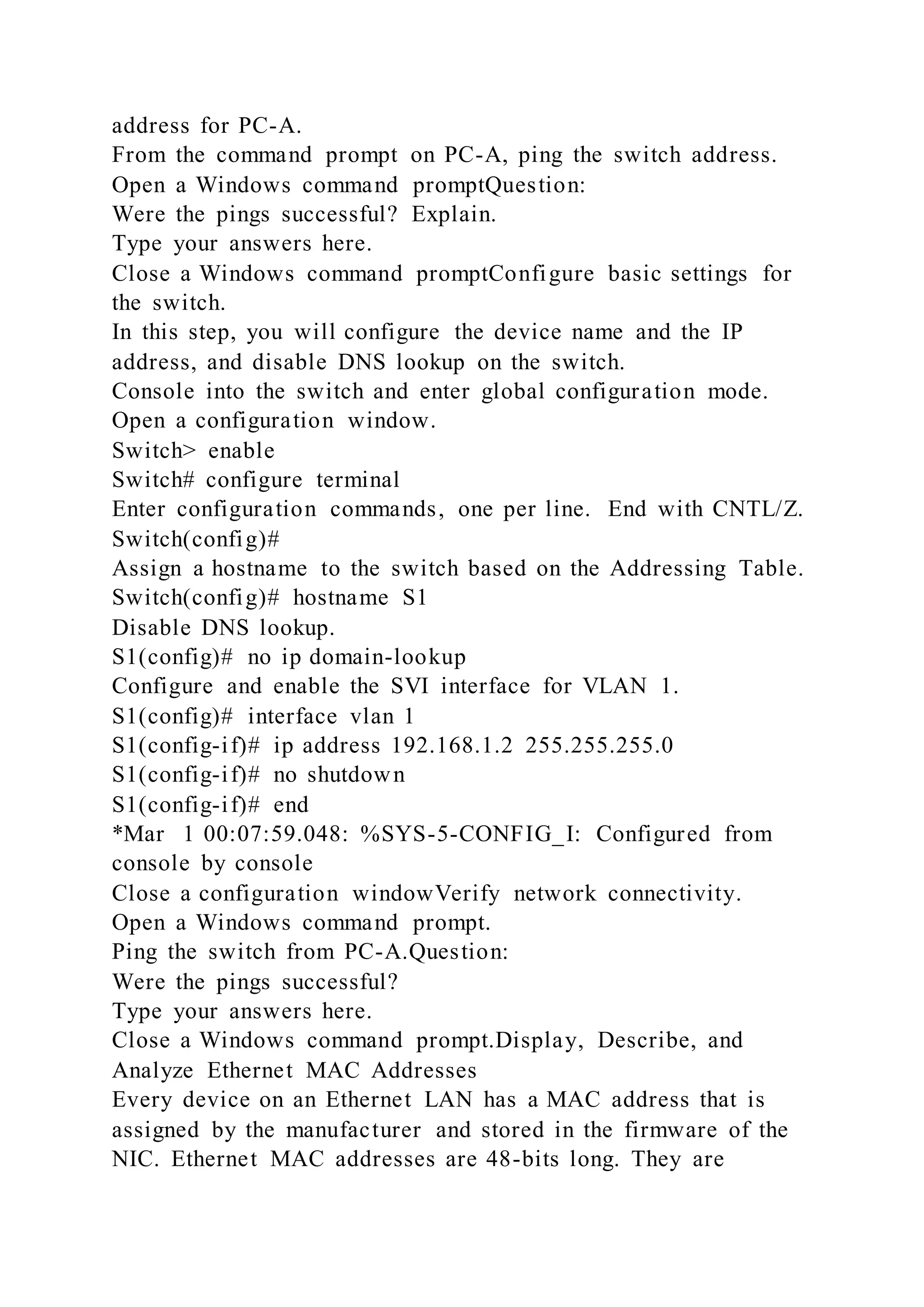 Lab View The Switch Mac Address Table Lab View The Switch Docx