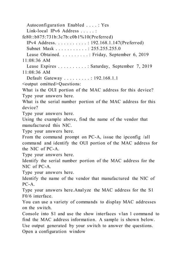 Lab View The Switch Mac Address Table Lab View The Switch Docx