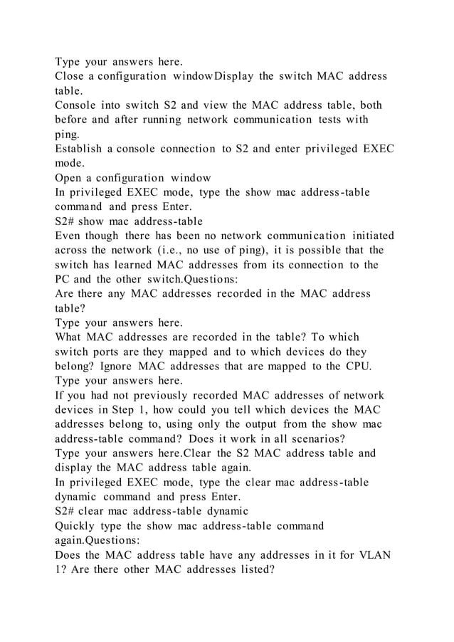 Lab View The Switch Mac Address Table Lab View The Switch Pdf