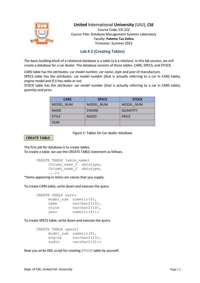 RDBMS Lab02 creating tables (UIU) | PDF