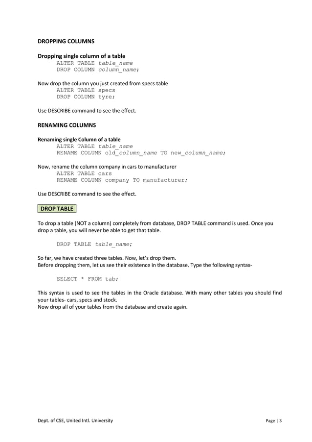 RDBMS Lab02 creating tables (UIU) | PDF